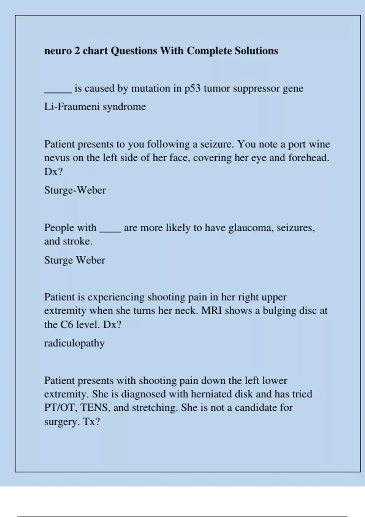 neuro 2 chart Questions With Complete Solutions - Neuro - Stuvia US