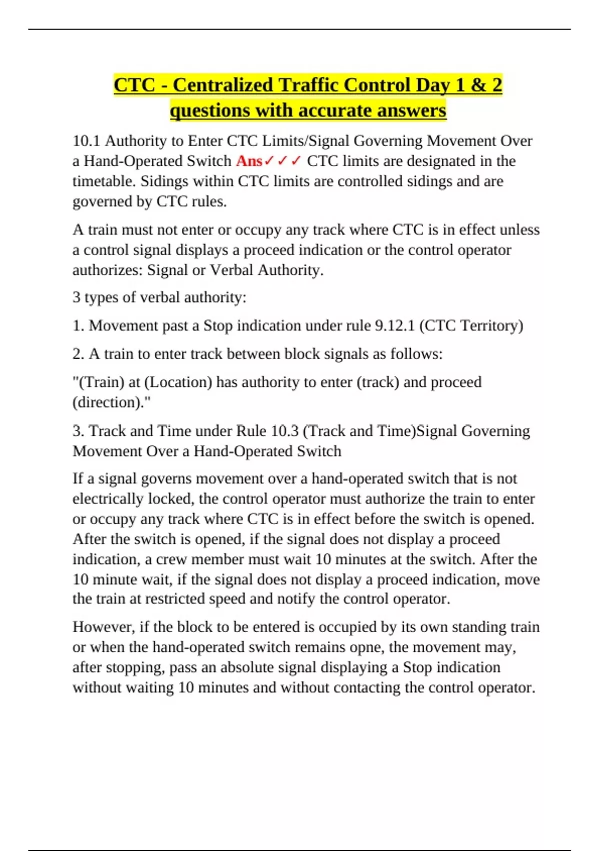 Centralized Traffic Control (CTC) Days 1 & 2 | Full Q&A Study Guide ...