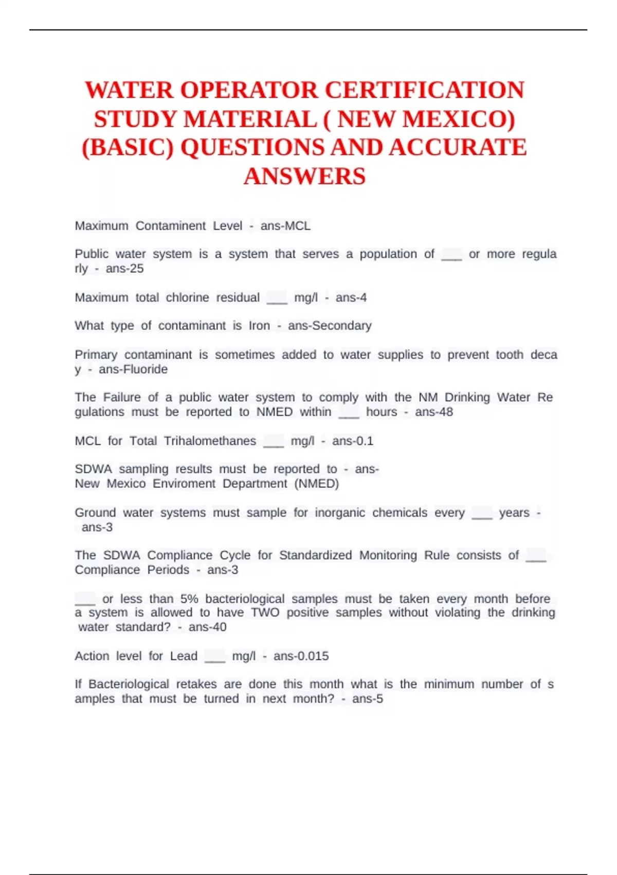 WATER OPERATOR CERTIFICATION STUDY MATERIAL ( NEW MEXICO) (BASIC ...