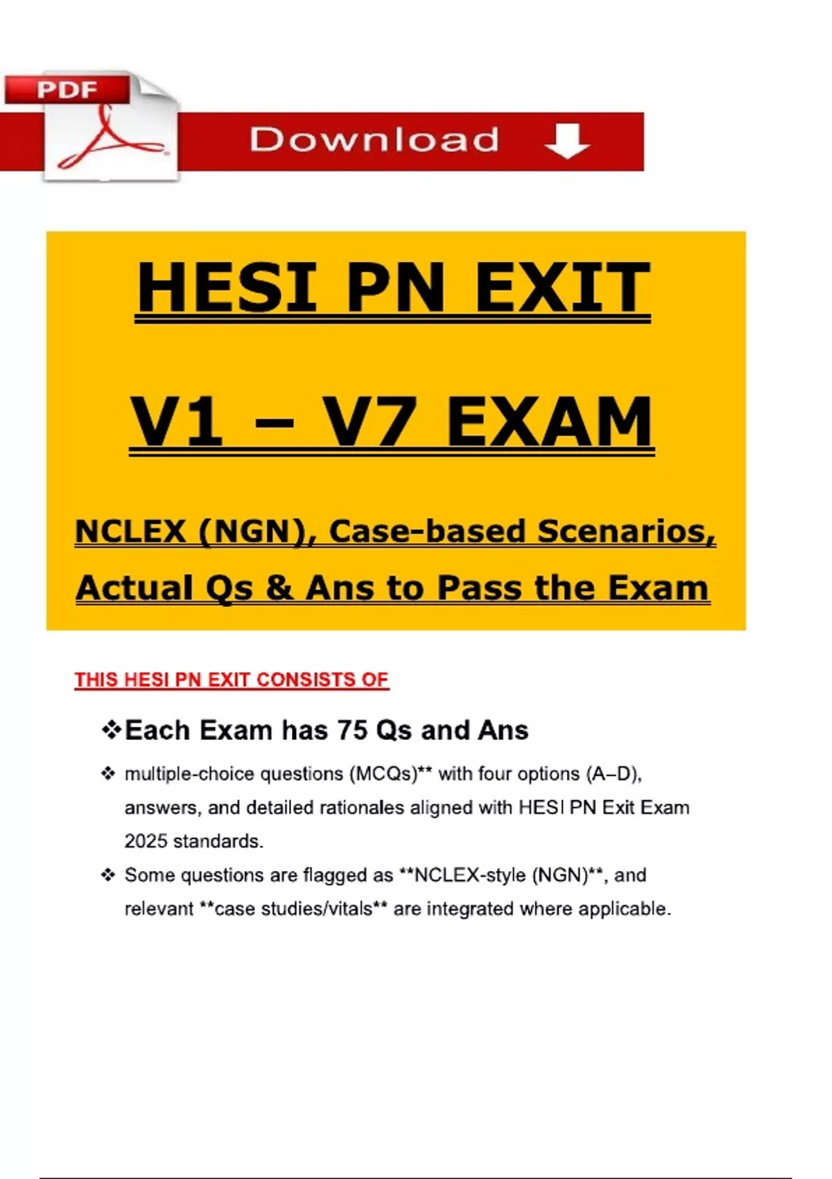 2025/2026 HESI PN EXIT EXAM V1, V2, V3, V4, V5, V6, V7, EACH EXAM WITH 75 QUESTIONS AND ANSWERS ...