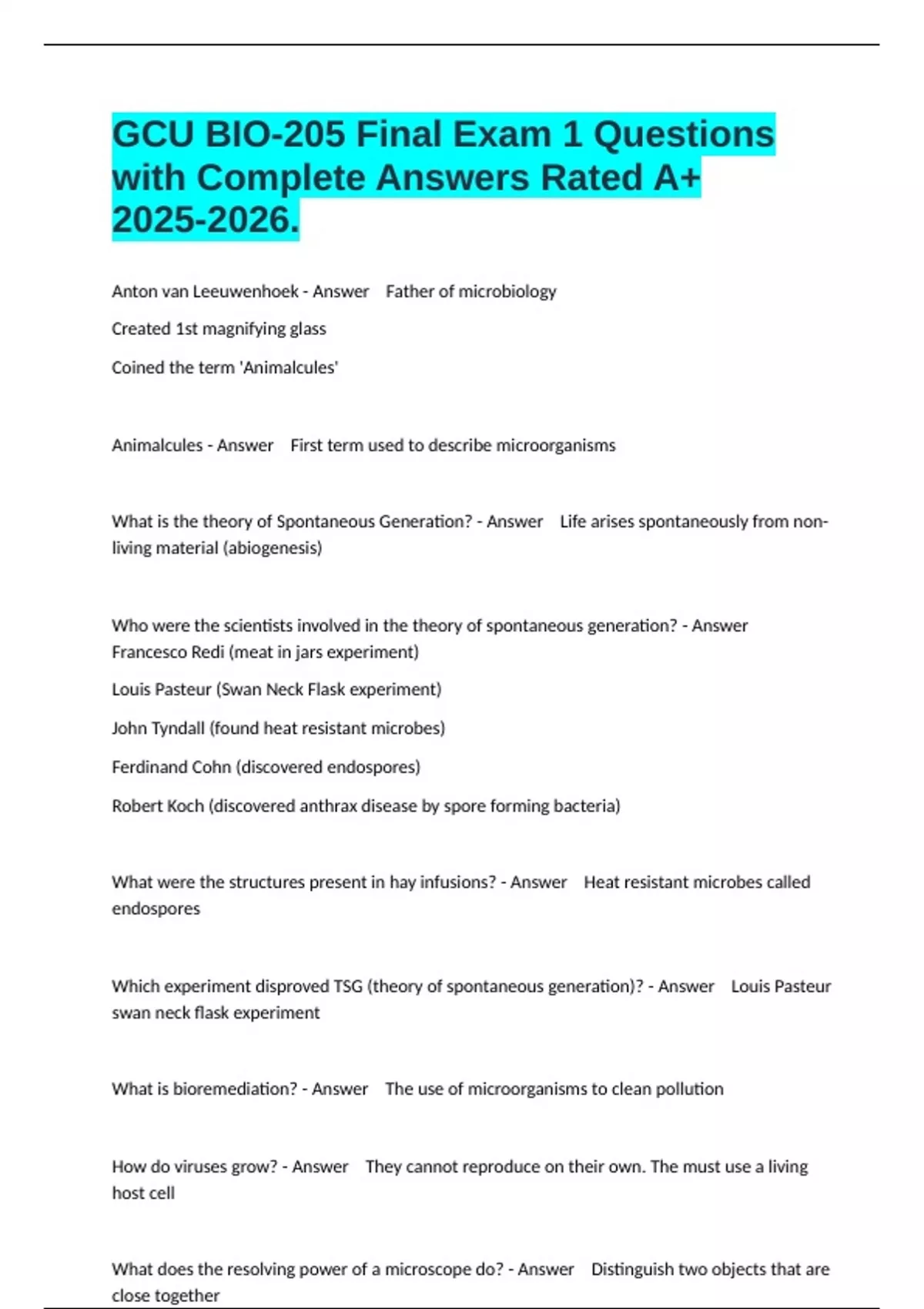 GCU BIO-205 Final Exam 1 Questions with Complete Answers Rated A+ ...