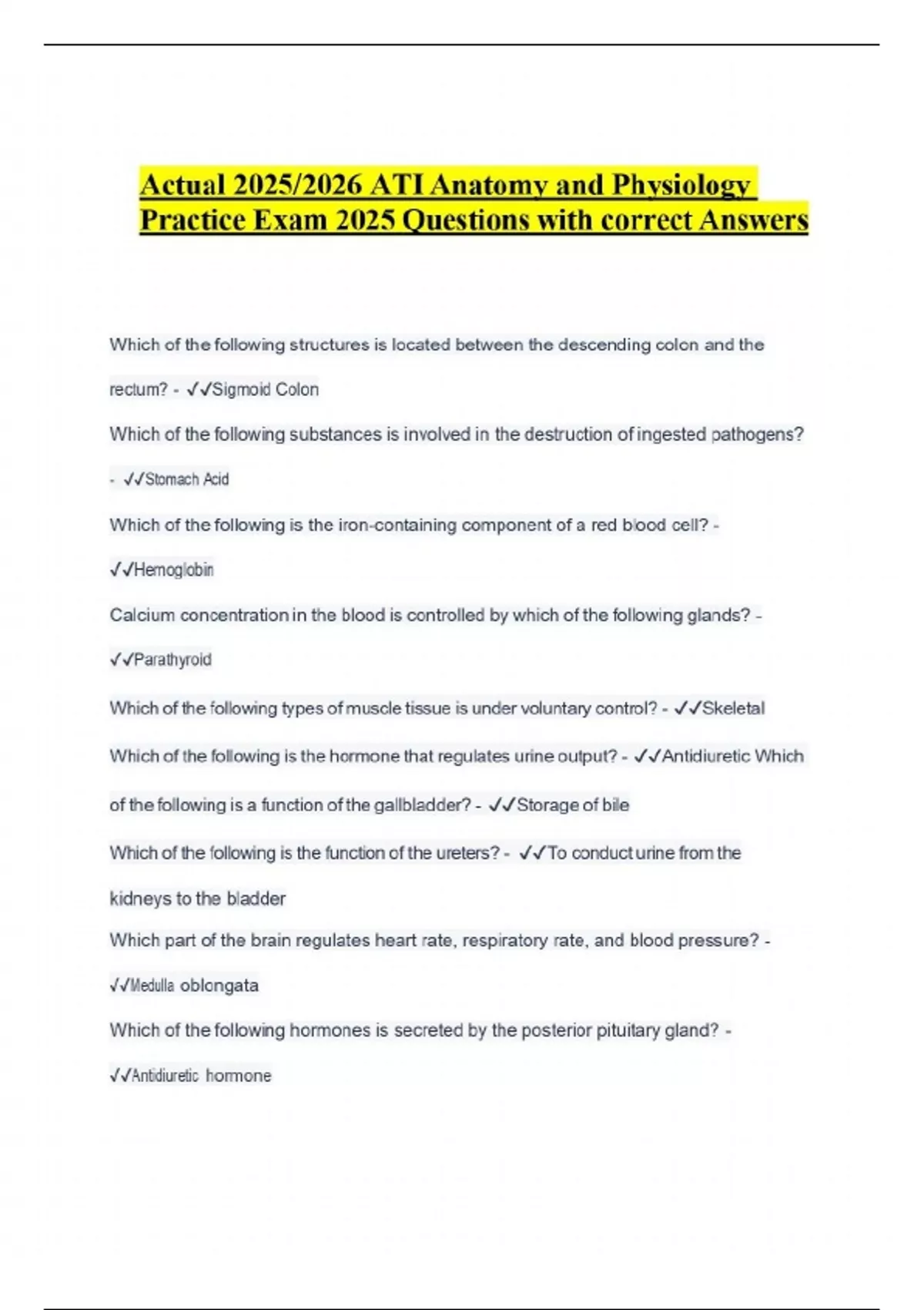 Actual 2025/2026 ATI Anatomy and Physiology Practice Exam 2025 ...
