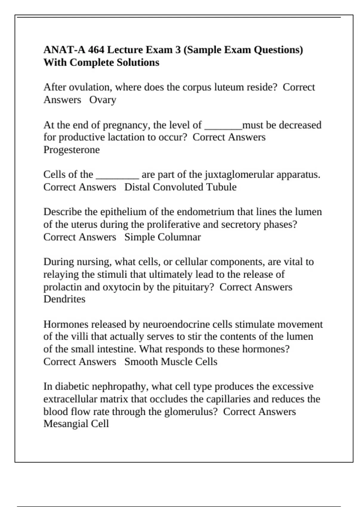 ANAT-A 464 Lecture Exam 3 (Sample Exam Questions) With Complete ...