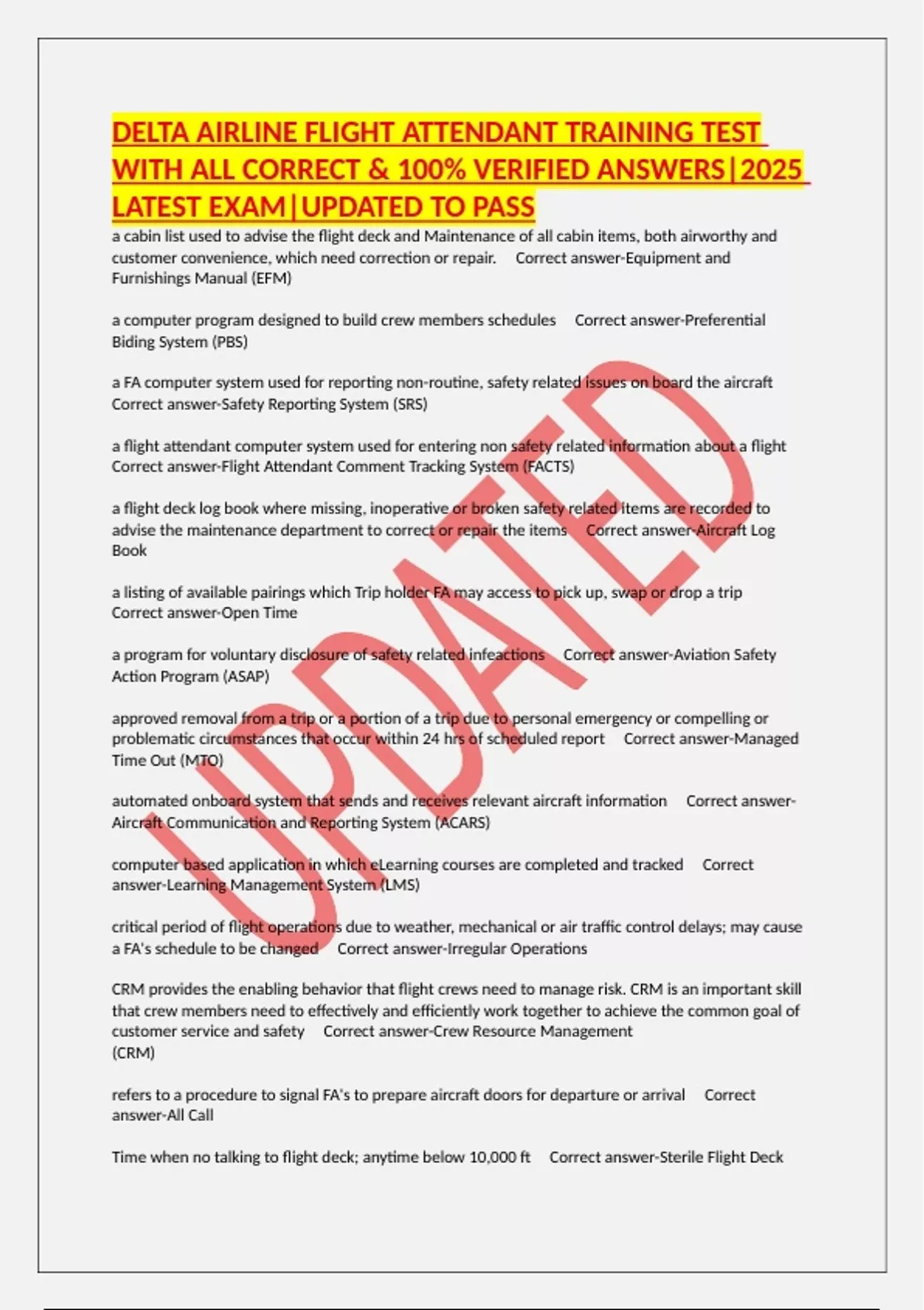 DELTA AIRLINE FLIGHT ATTENDANT TRAINING TEST WITH ALL CORRECT & 100% ...