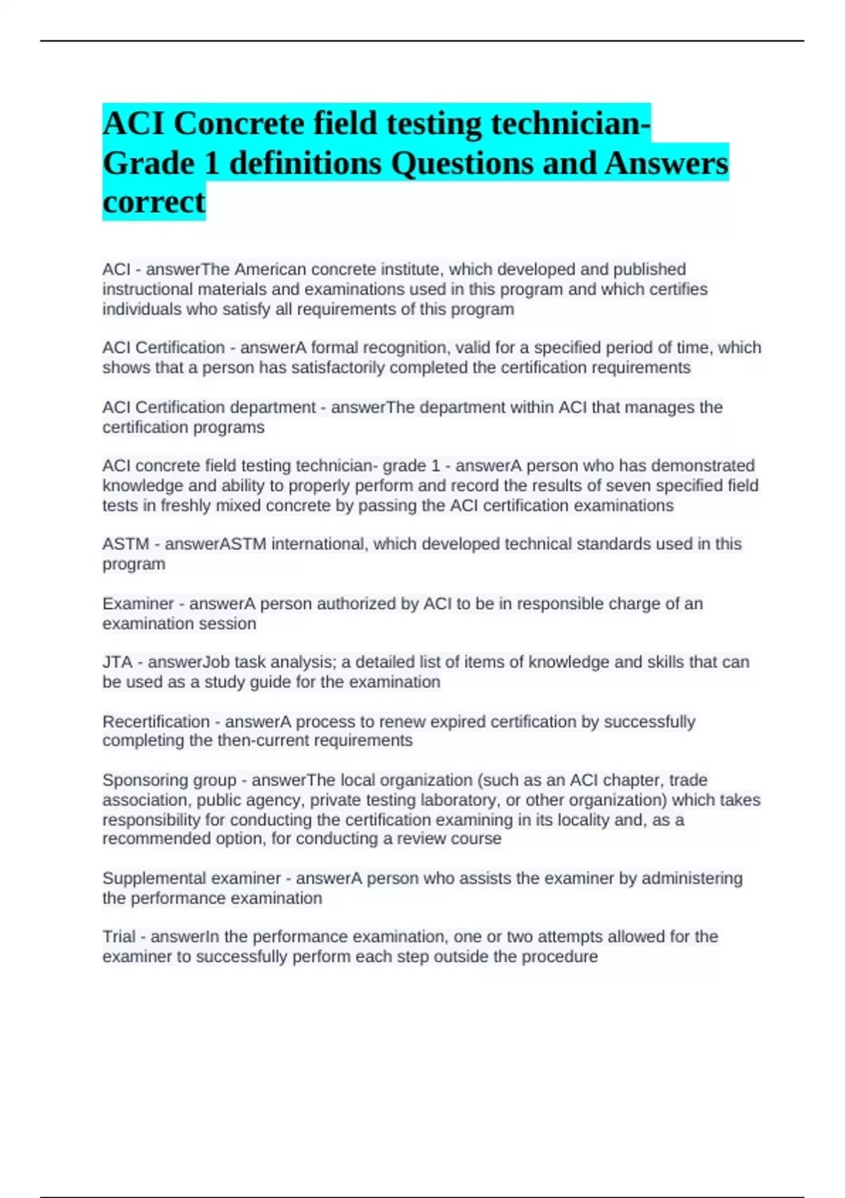 ACI Concrete field testing technician- Grade 1 definitions Questions ...