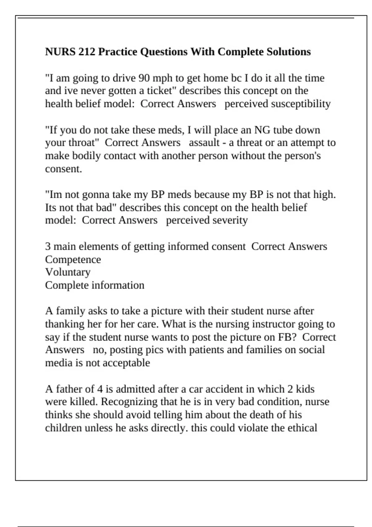 NURS 212 Practice Questions With Complete Solutions - NURS 212 - Stuvia US