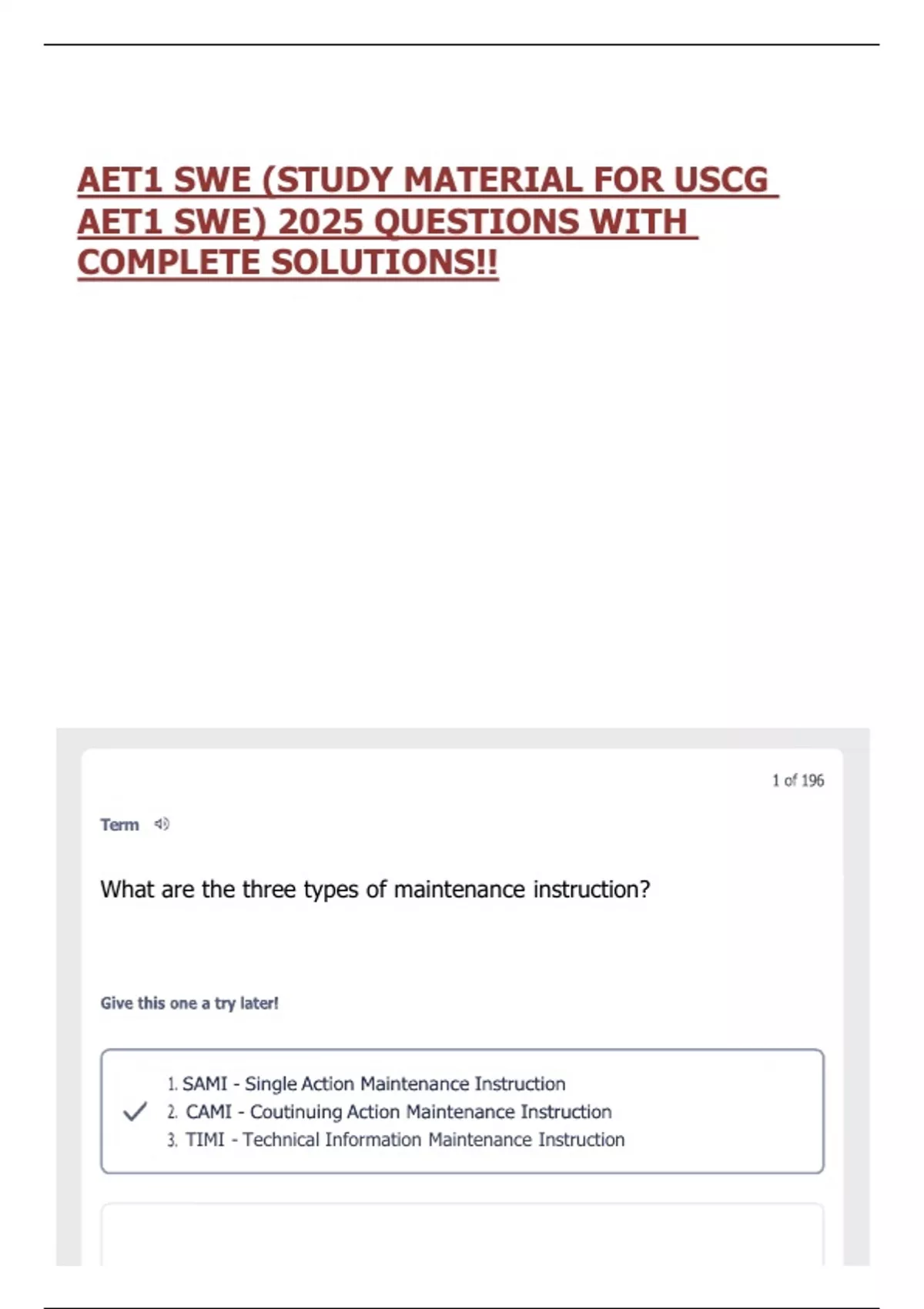 AET1 SWE (STUDY MATERIAL FOR USCG AET1 SWE) 2025 QUESTIONS WITH ...