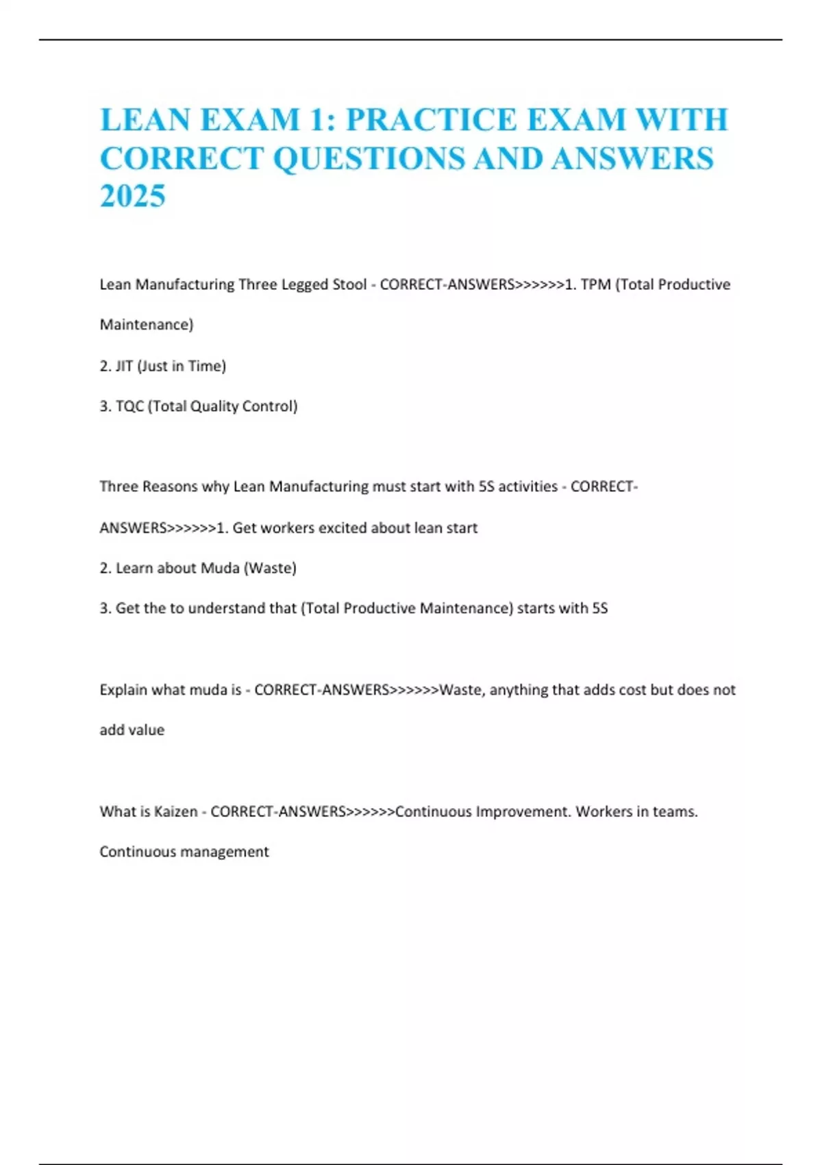 LEAN EXAM 1: PRACTICE EXAM WITH CORRECT QUESTIONS AND ANSWERS 2025 ...