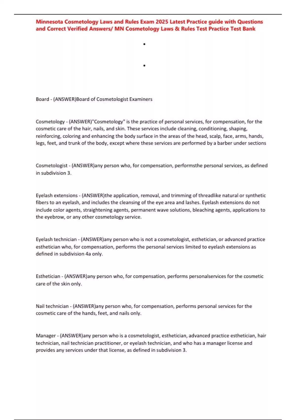 Minnesota Cosmetology Laws and Rules Exam 2025 Latest Practice guide ...