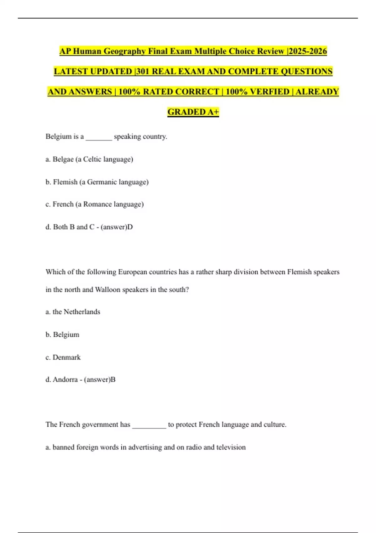 AP Human Geography Final Exam Multiple Choice Review | LATEST UPDATED ...