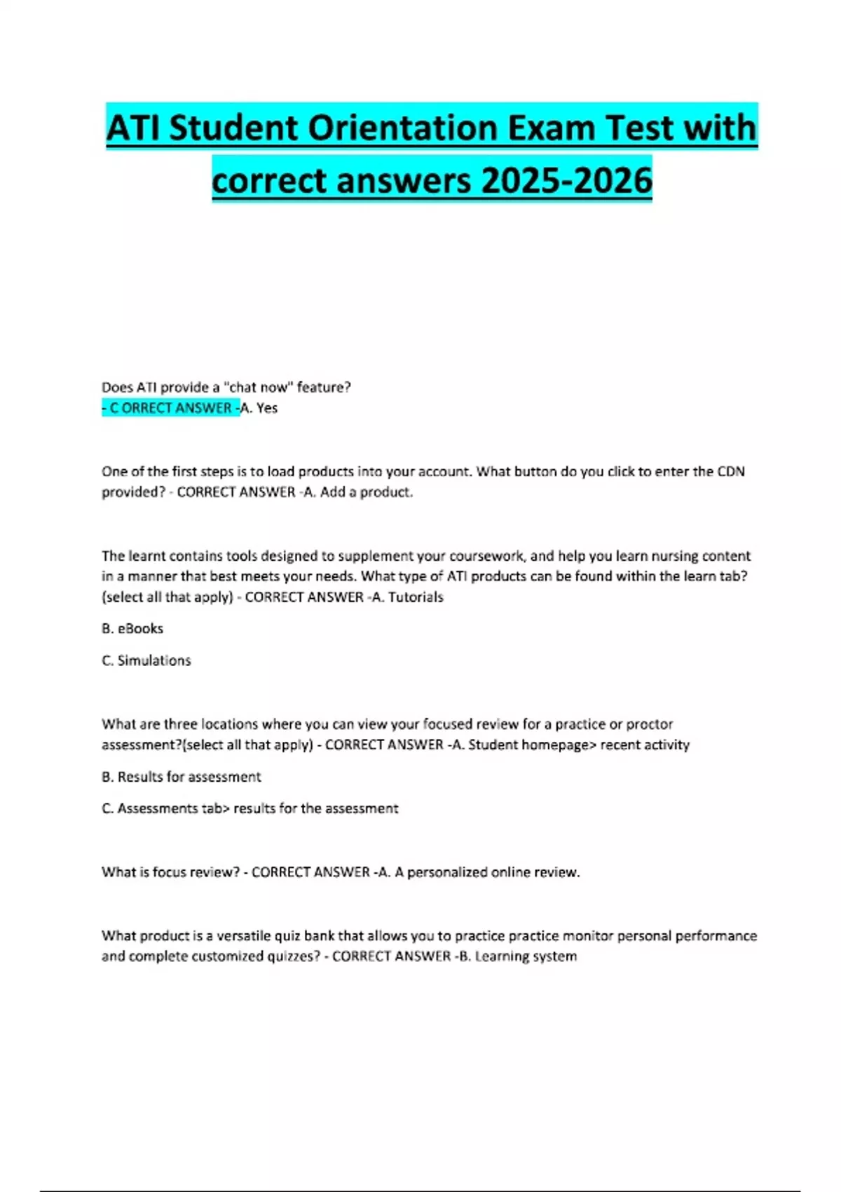 ATI Student Orientation Exam Test with correct answers - ATI Student ...