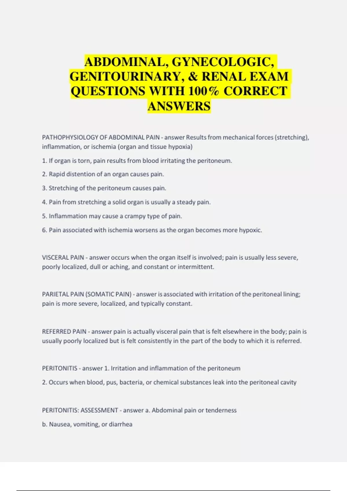 Abdominal, Gynecologic, Genitourinary & Renal Exam Questions with 100% ...