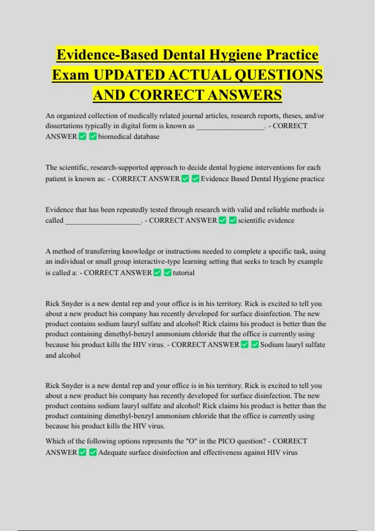 Evidence-Based Dental Hygiene Practice Exam UPDATED ACTUAL QUESTIONS AND CORRECT ANSWERS ...