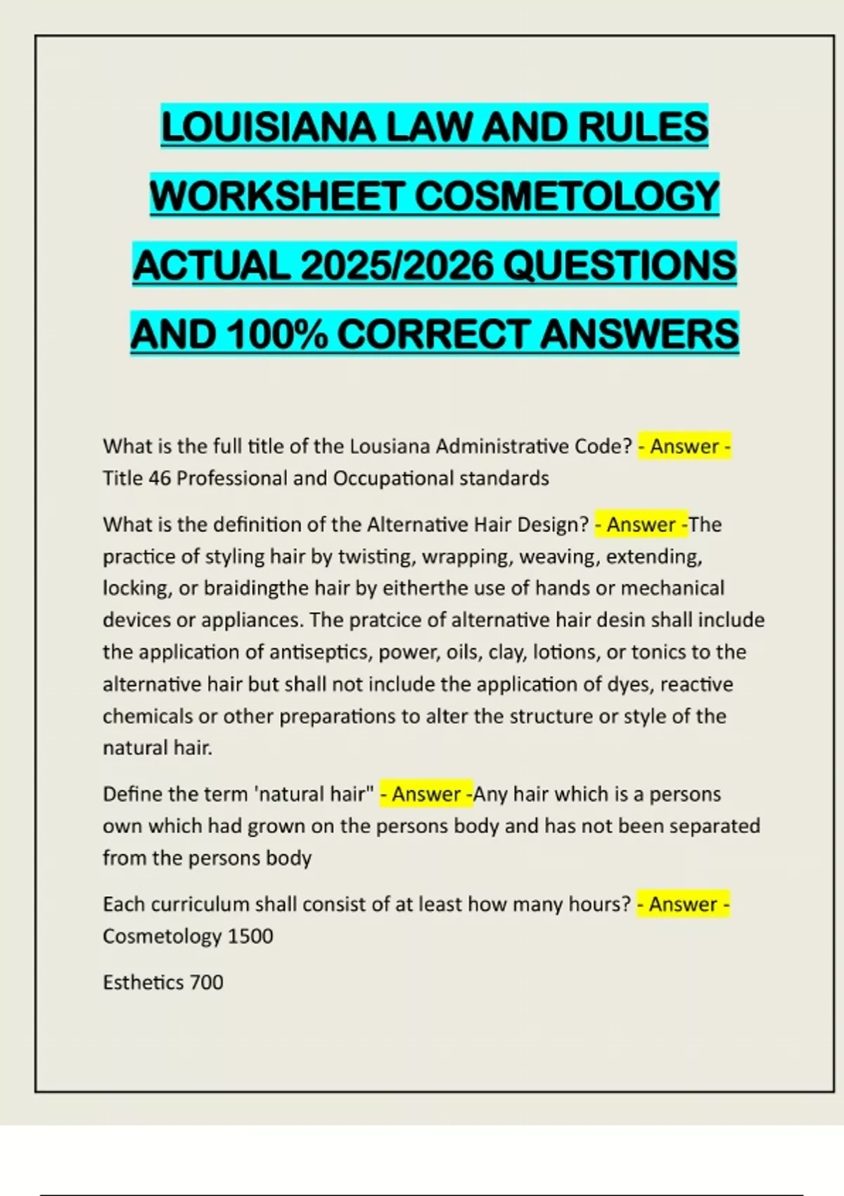 LOUISIANA LAW AND RULES WORKSHEET COSMETOLOGY ACTUAL 2025/2026 ...