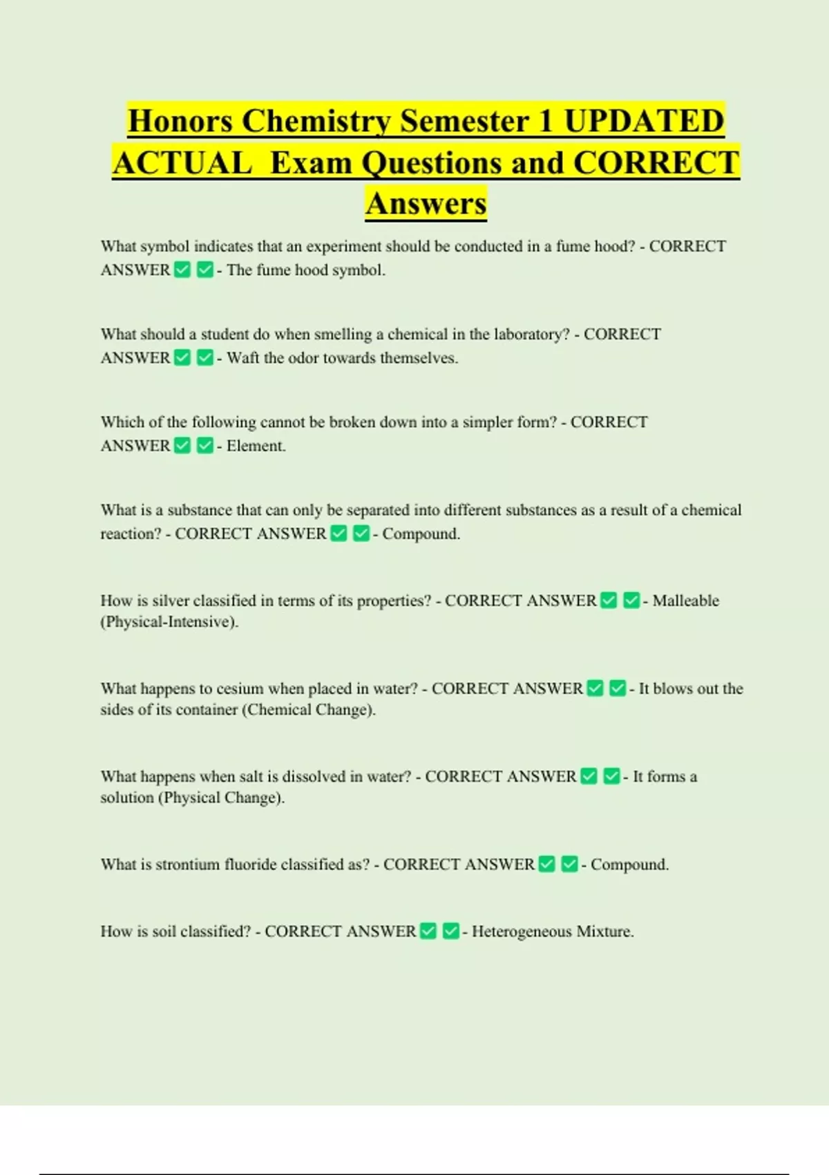 Honors Chemistry Semester 1 UPDATED ACTUAL Exam Questions and CORRECT Answers - Chemistry Honors ...
