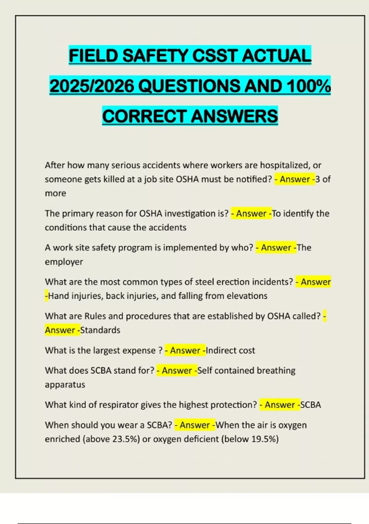 FIELD SAFETY CSST ACTUAL 2025/2026 QUESTIONS AND 100% CORRECT ANSWERS ...