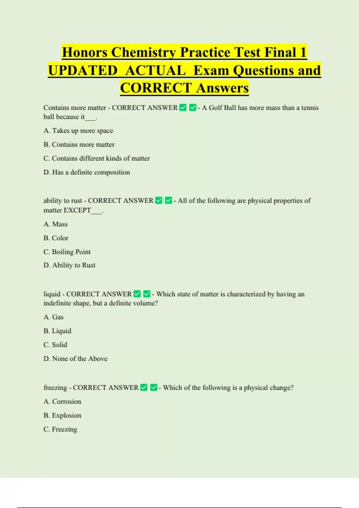 Honors Chemistry Practice Test Final 1 UPDATED ACTUAL Exam Questions ...