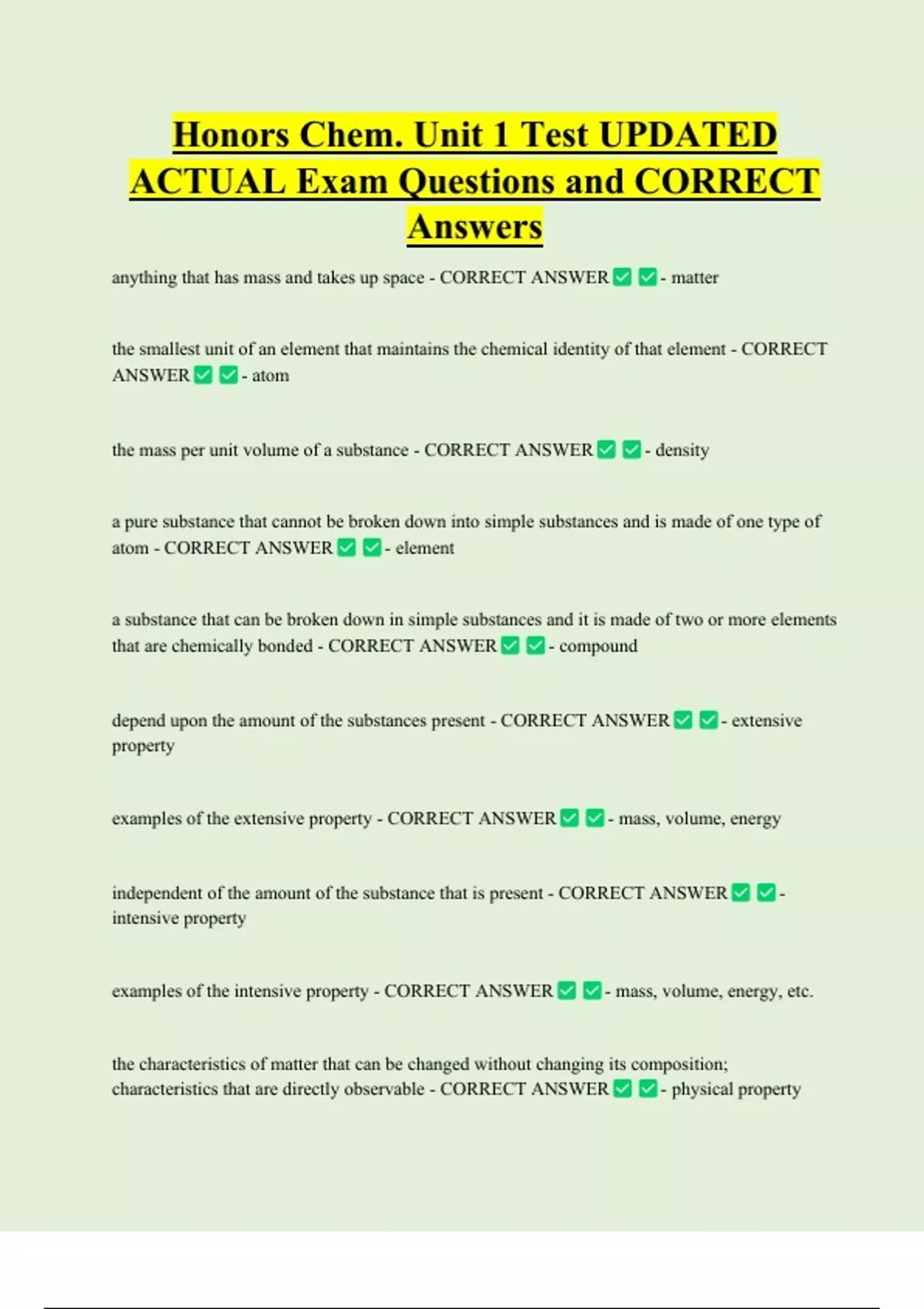 Honors Chem. Unit 1 Test UPDATED ACTUAL Exam Questions and CORRECT ...