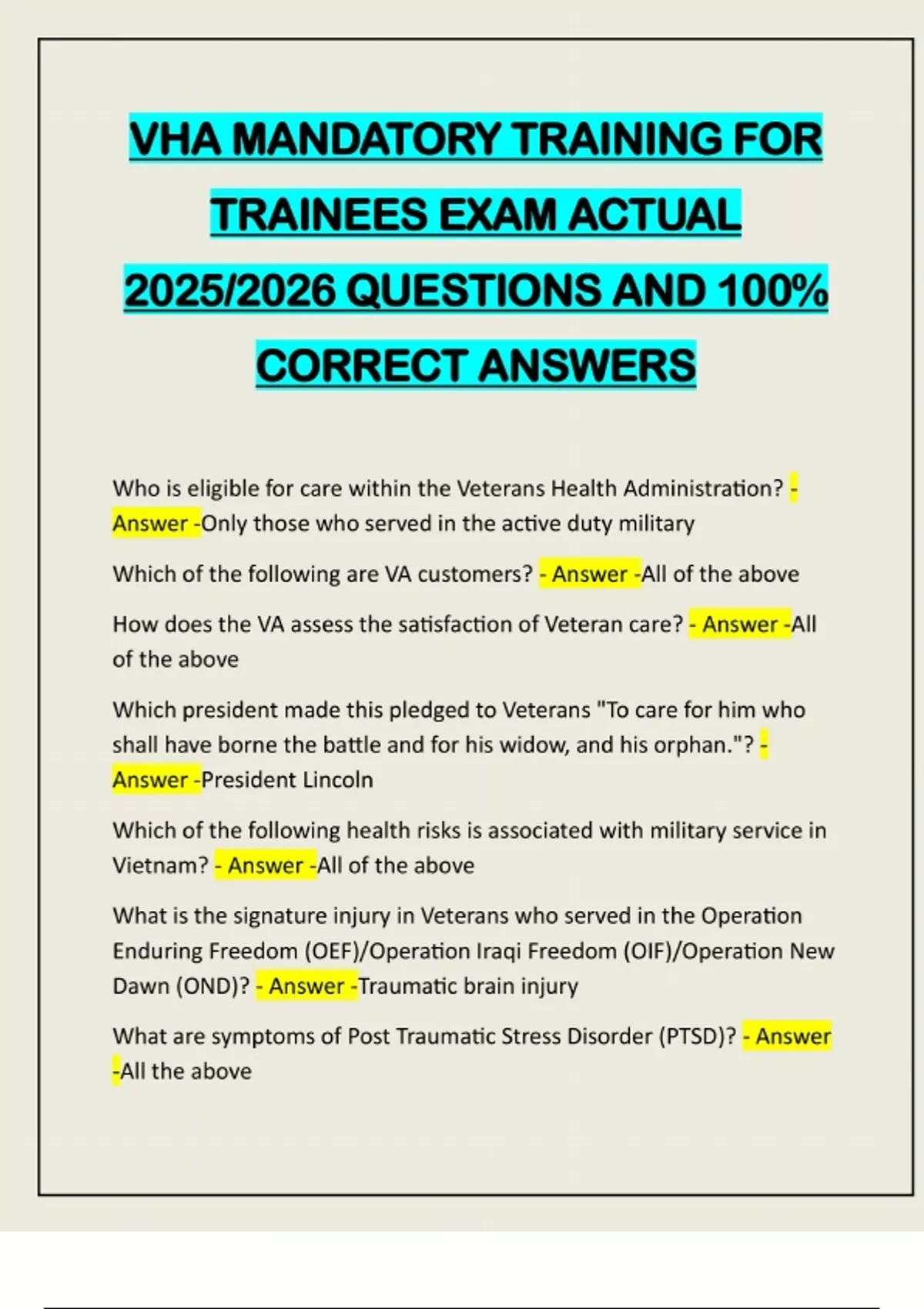 VHA MANDATORY TRAINING FOR TRAINEES EXAM ACTUAL 2025/2026 QUESTIONS AND ...