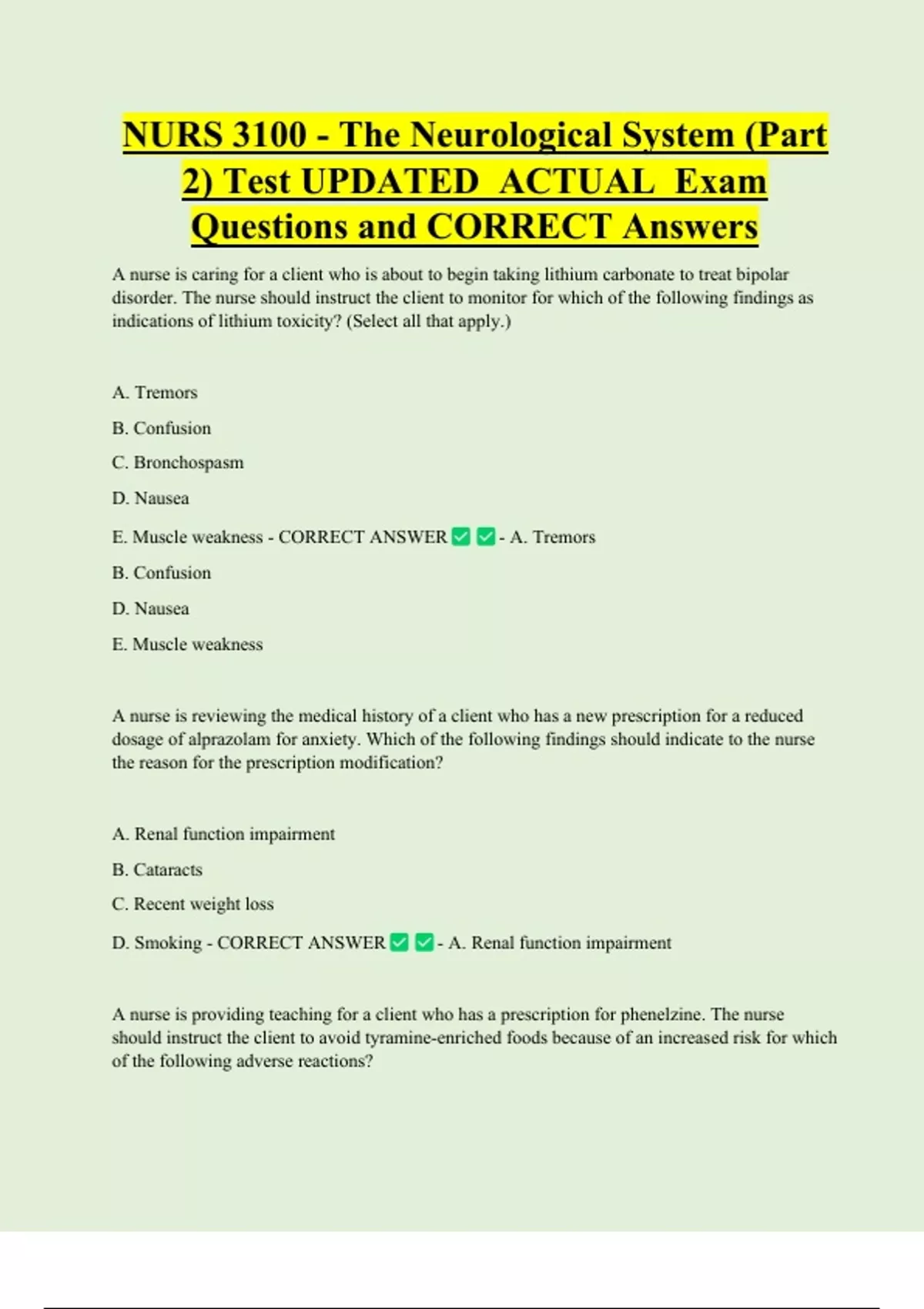 NURS 3100 - The Neurological System (Part 2) Test UPDATED ACTUAL Exam ...