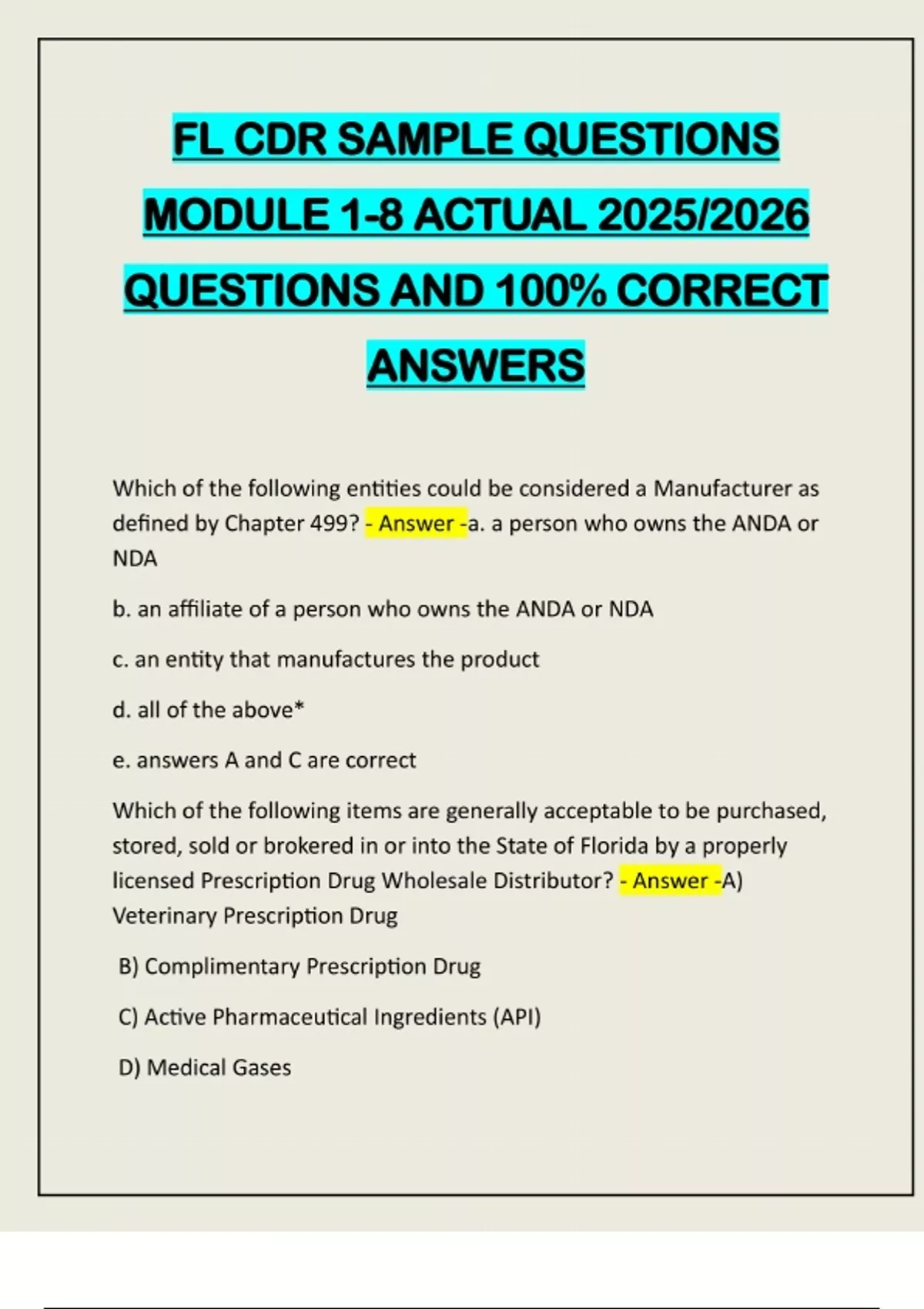 FL CDR SAMPLE QUESTIONS MODULE 1-8 ACTUAL 2025/2026 QUESTIONS AND 100% ...