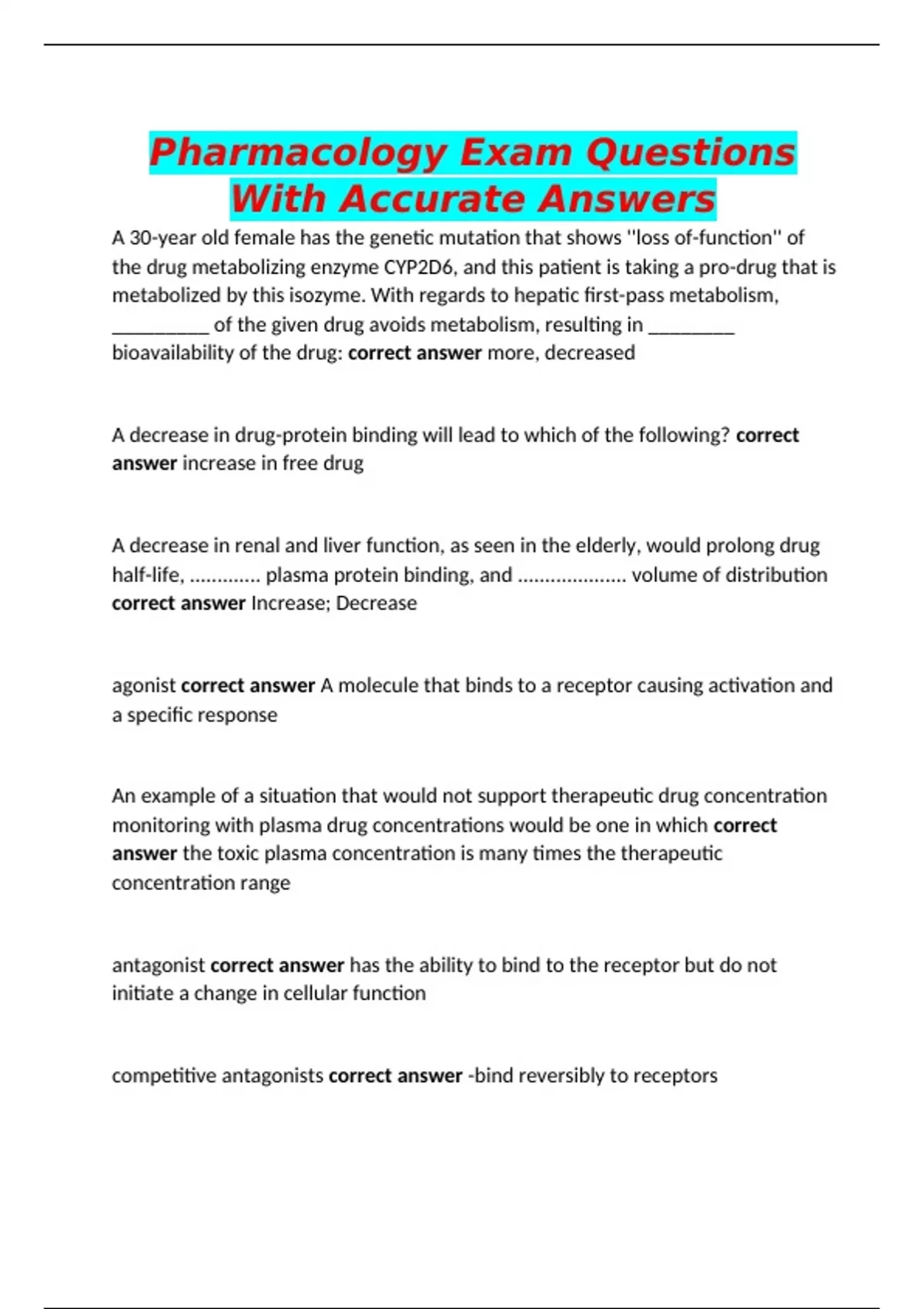 Pharmacology Exam Questions With Accurate Answers - Pharmacology ...