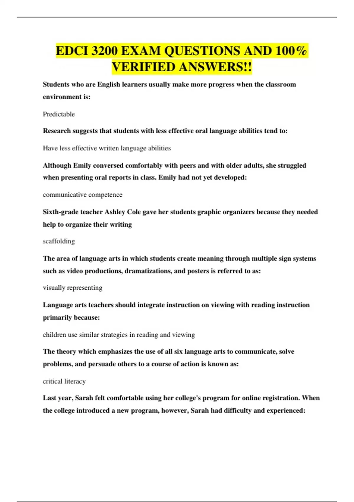 EDCI 3200 EXAM QUESTIONS AND 100% VERIFIED ANSWERS!! - EDCI - Stuvia US