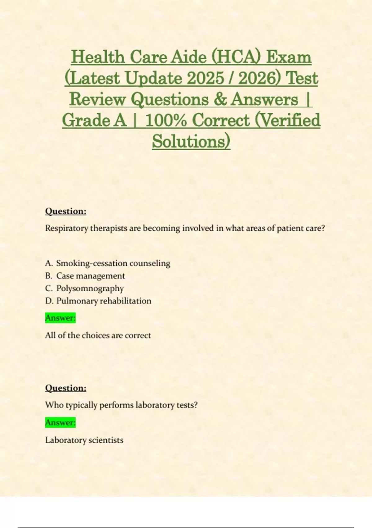 Health Care Aide (HCA) Exam (Latest Update 2025 / 2026) Test Review ...