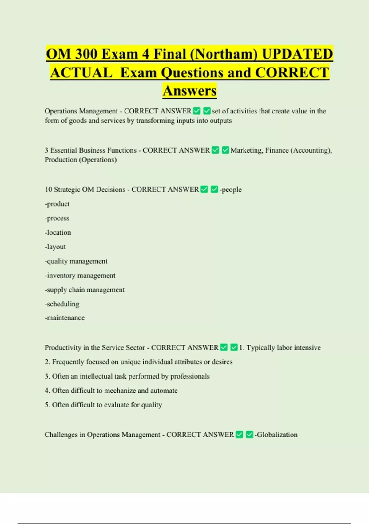 OM 300 Exam 4 Final (Northam) UPDATED ACTUAL Exam Questions and CORRECT ...