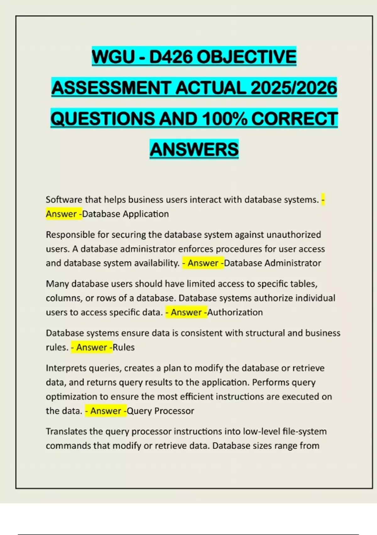 WGU - D426 OBJECTIVE ASSESSMENT ACTUAL 2025/2026 QUESTIONS AND 100% ...