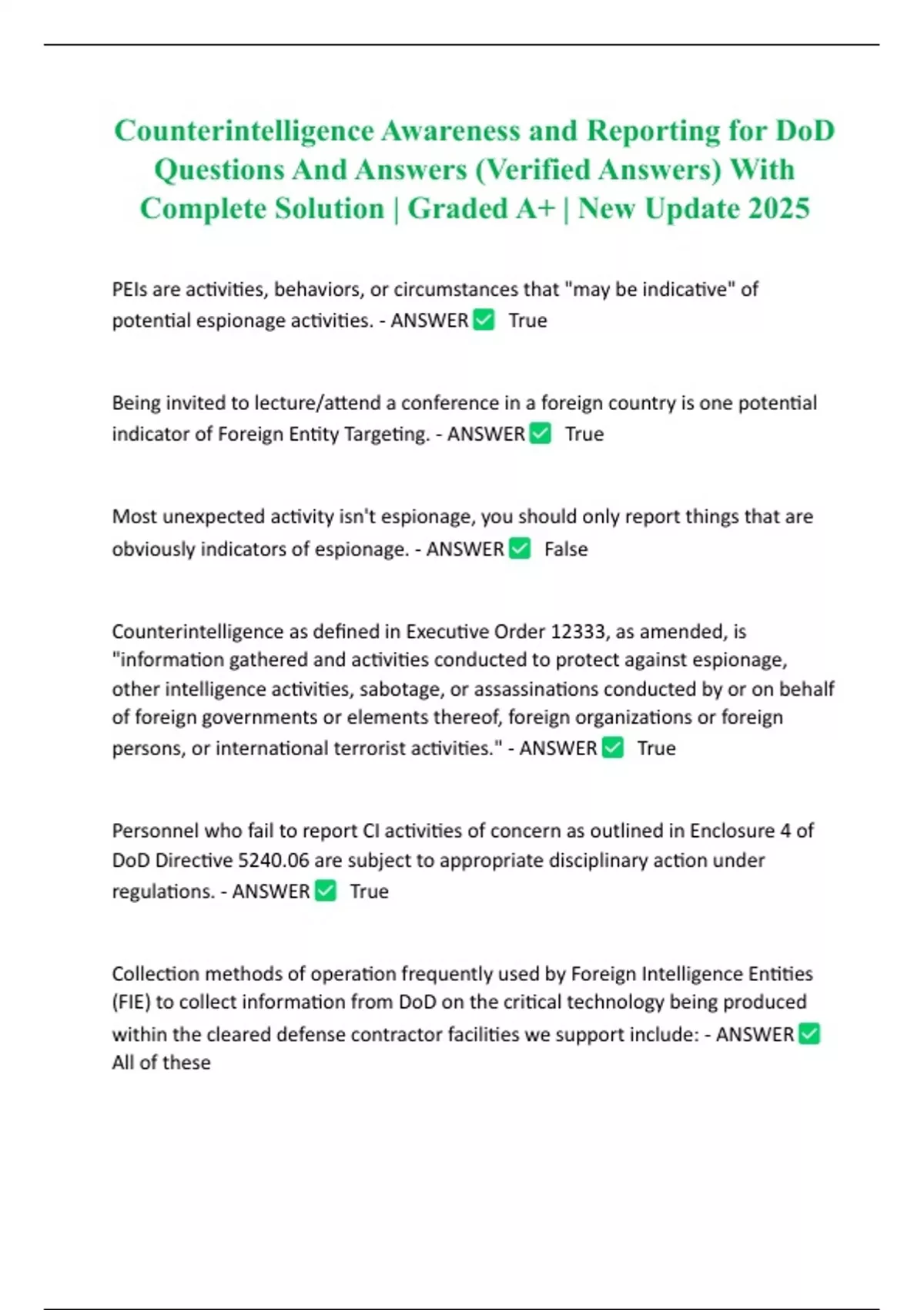 Counterintelligence Awareness and Reporting for DoD Questions And ...