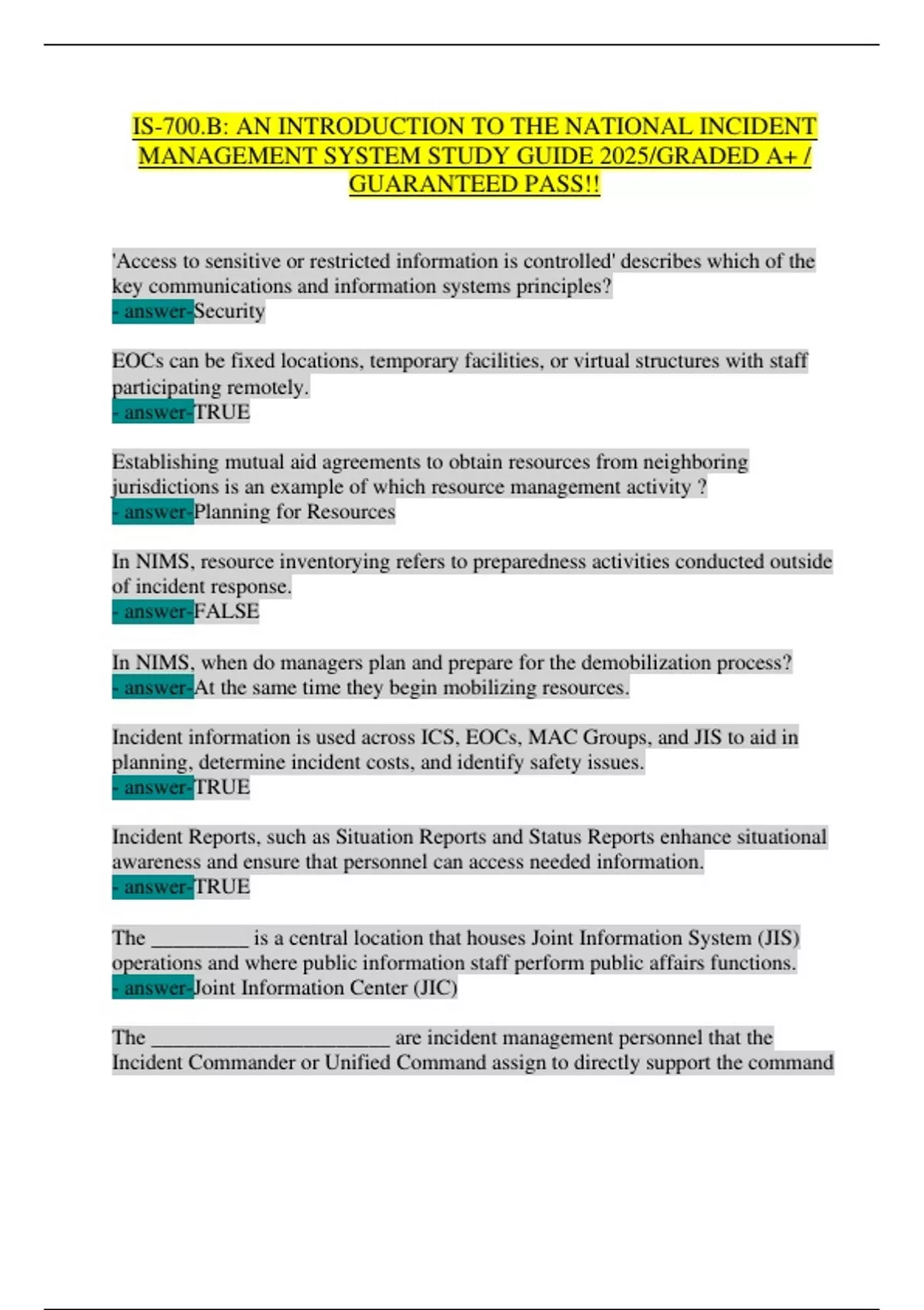 IS-700.B: National Incident Management System (NIMS) Study Guide 2025 ...