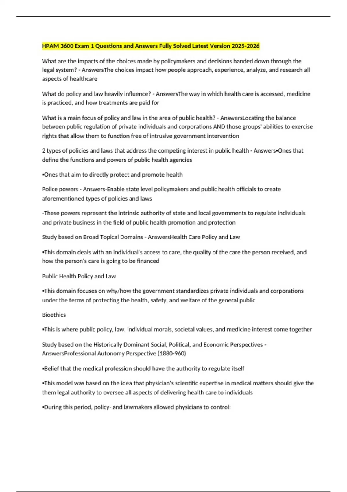 HPAM 3600 Exam 1 Questions and Answers Fully Solved Latest Version ...