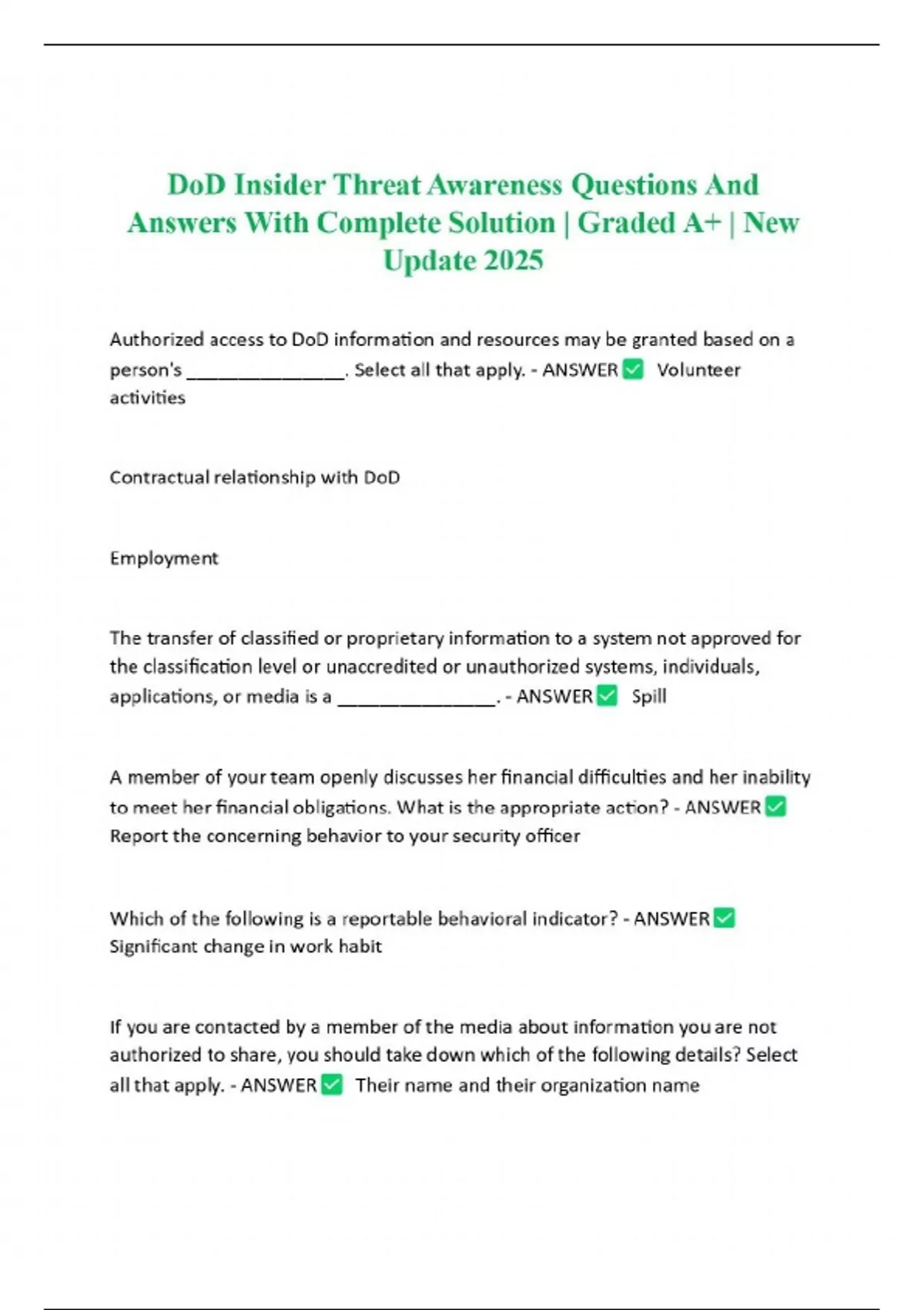 DoD Insider Threat Awareness Questions And Answers With Complete ...
