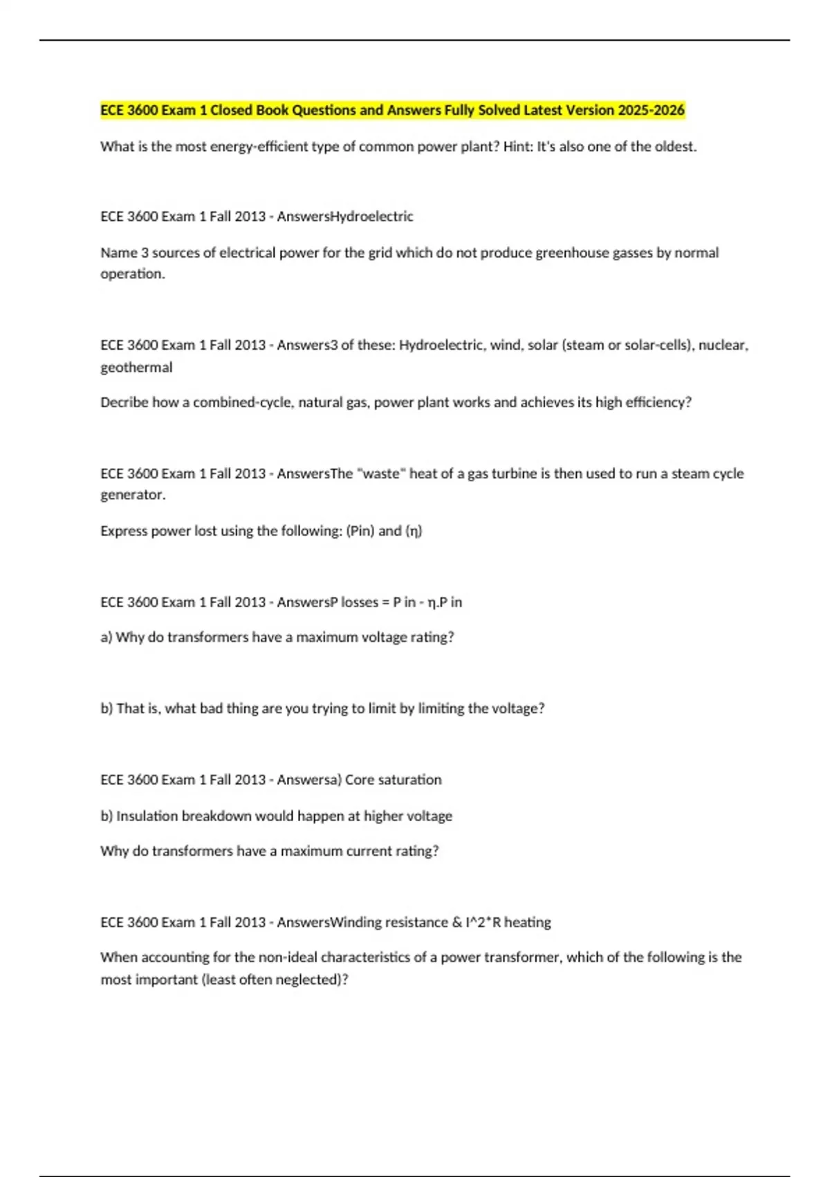 ECE 3600 Exam 1 Closed Book Questions and Answers Fully Solved Latest ...