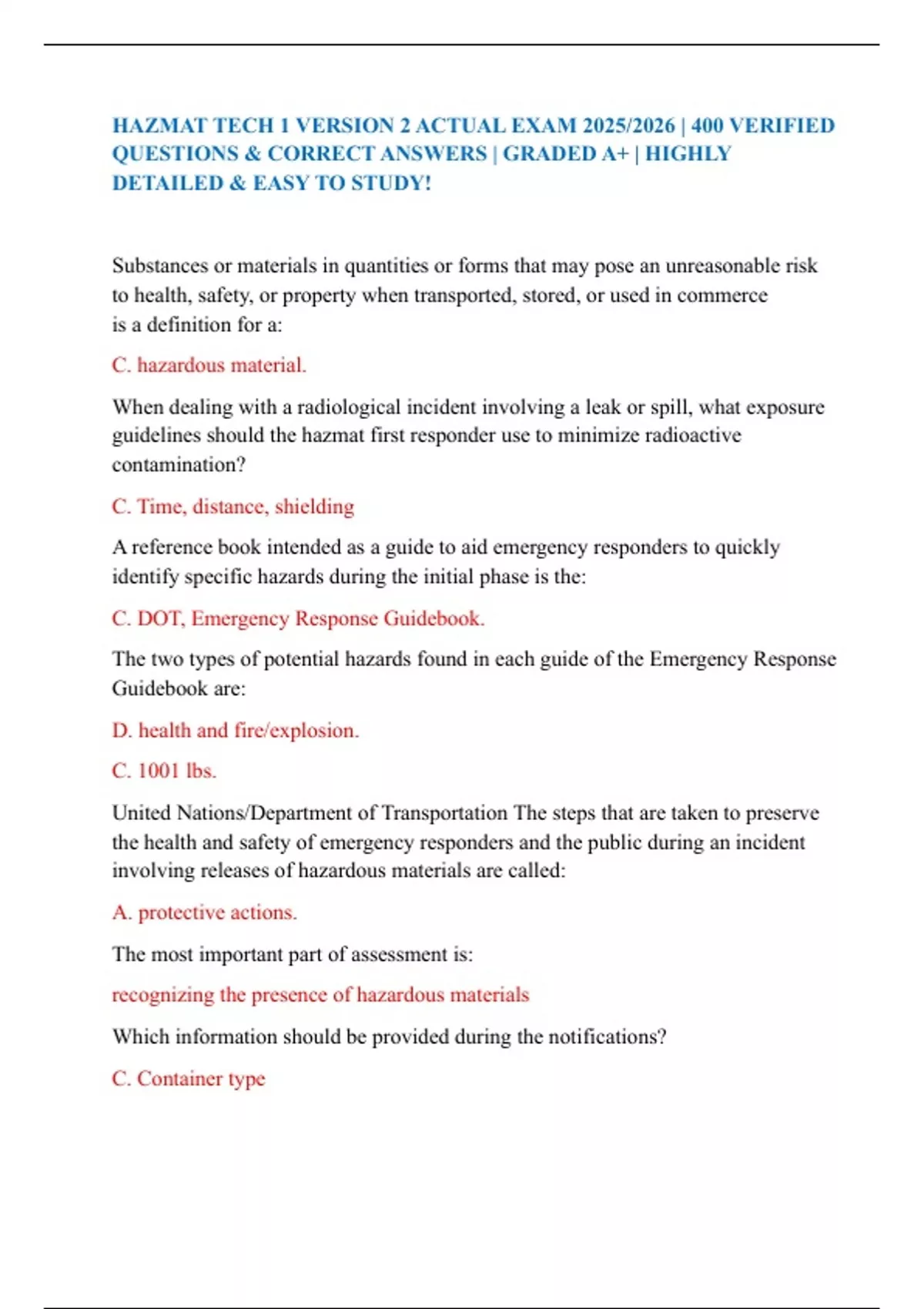 HAZMAT TECH 1 VERSION 2 ACTUAL EXAM 2025/2026 | 100 VERIFIED QUESTIONS ...