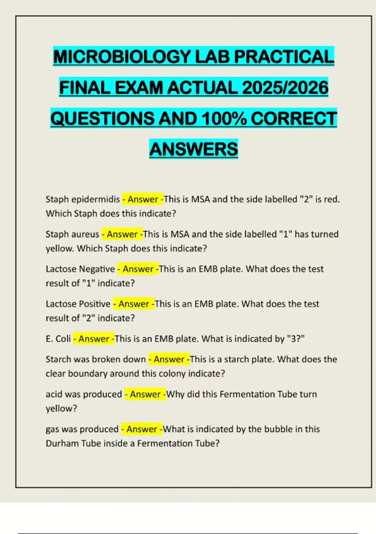 MICROBIOLOGY LAB PRACTICAL FINAL EXAM ACTUAL 2025/2026 QUESTIONS AND 100% CORRECT ANSWERS ...