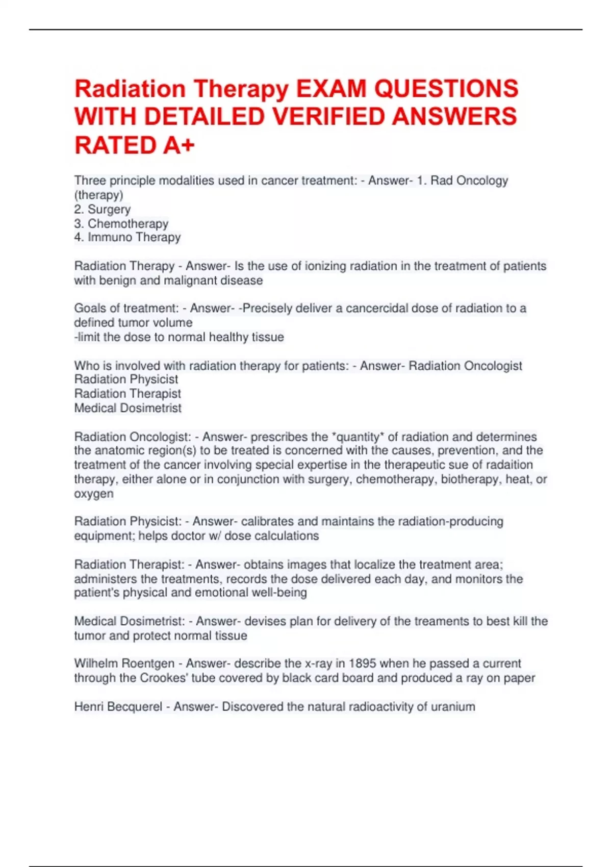 Radiation Therapy EXAM QUESTIONS WITH DETAILED VERIFIED ANSWERS RATED ...