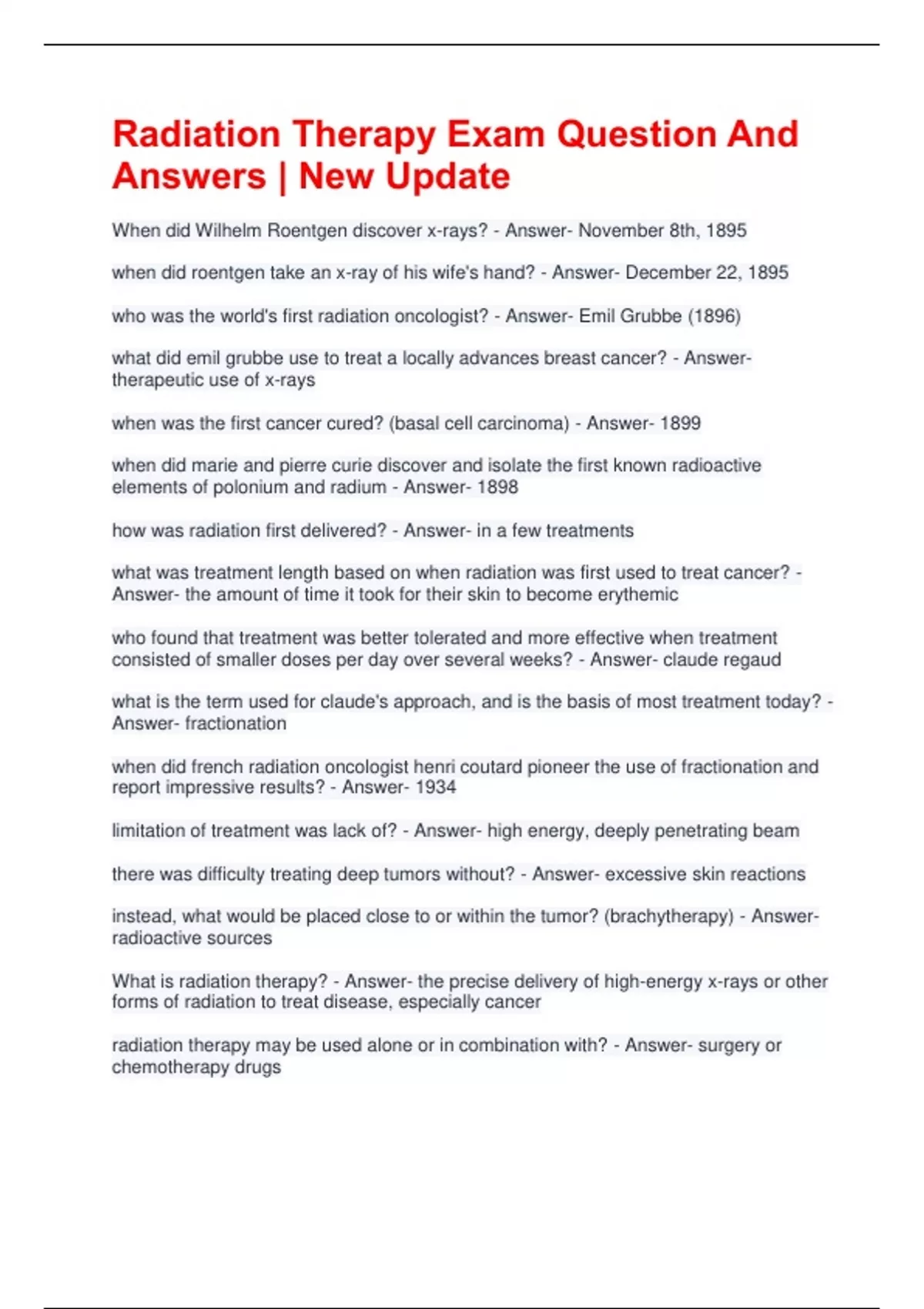 Radiation Therapy Exam Question And Answers | New Update - Radiation ...