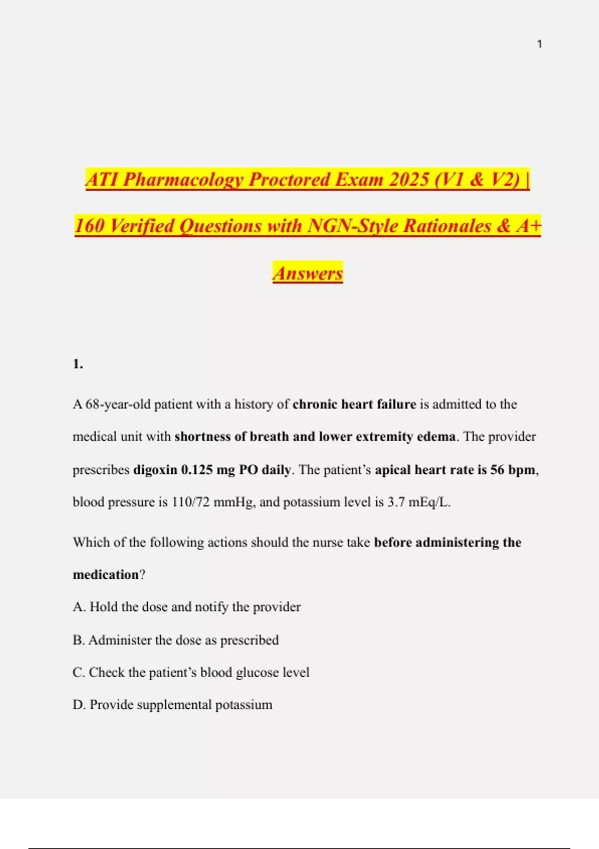 ATI Pharmacology Proctored Exam 2025 (V1 & V2) | 160 Verified Questions ...