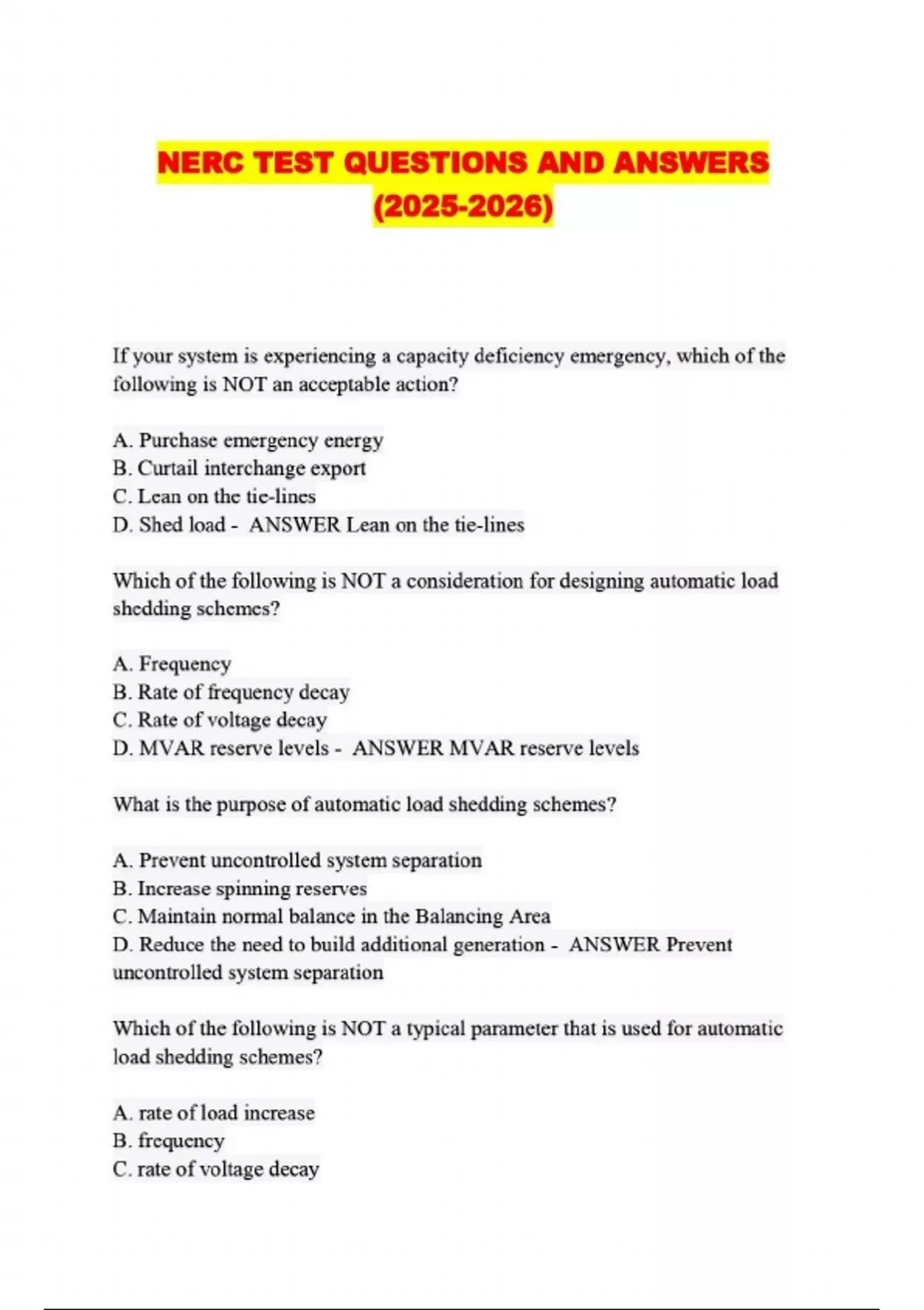 NERC TEST QUESTIONS AND ANSWERS () - NERC - Stuvia US