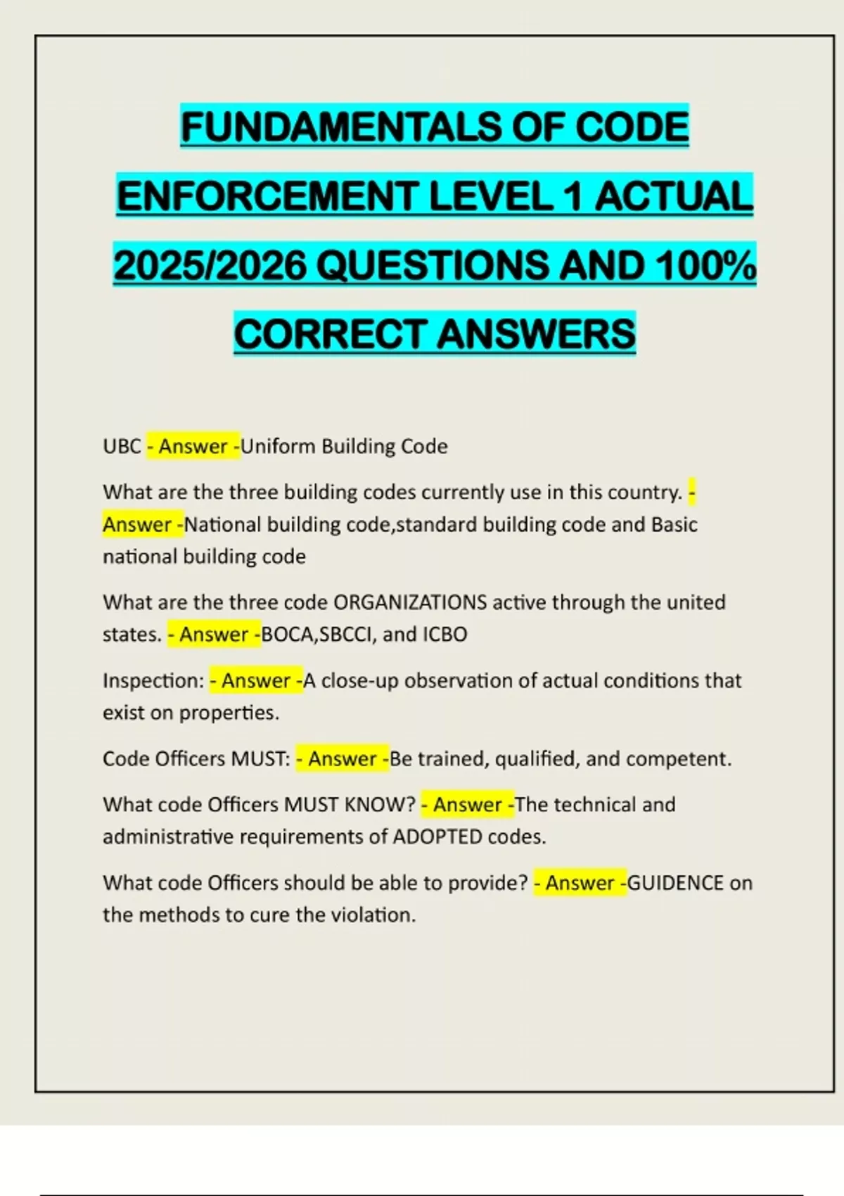 FUNDAMENTALS OF CODE ENFORCEMENT LEVEL 1 ACTUAL 2025/2026 QUESTIONS AND 100% CORRECT ANSWERS ...