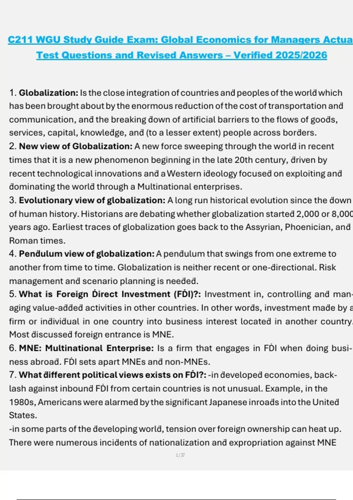C211 WGU Study Guide Exam – Global Economics for Managers Actual Test ...