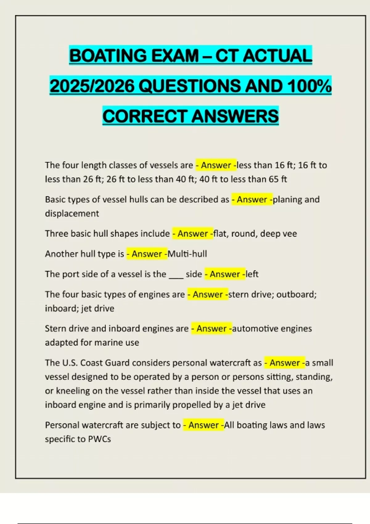 BOATING EXAM – CT ACTUAL 2025/2026 QUESTIONS AND 100% CORRECT ANSWERS ...