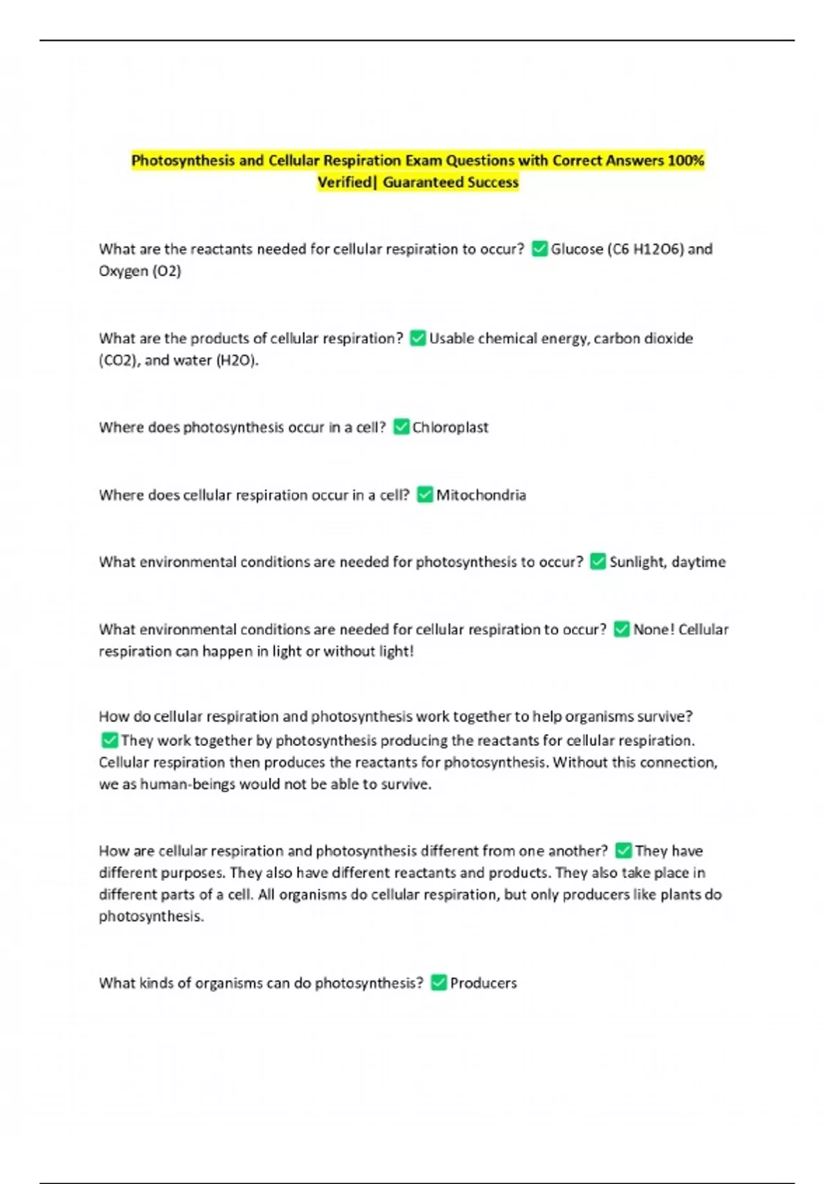 Photosynthesis and Cellular Respiration Exam Questions with Correct ...