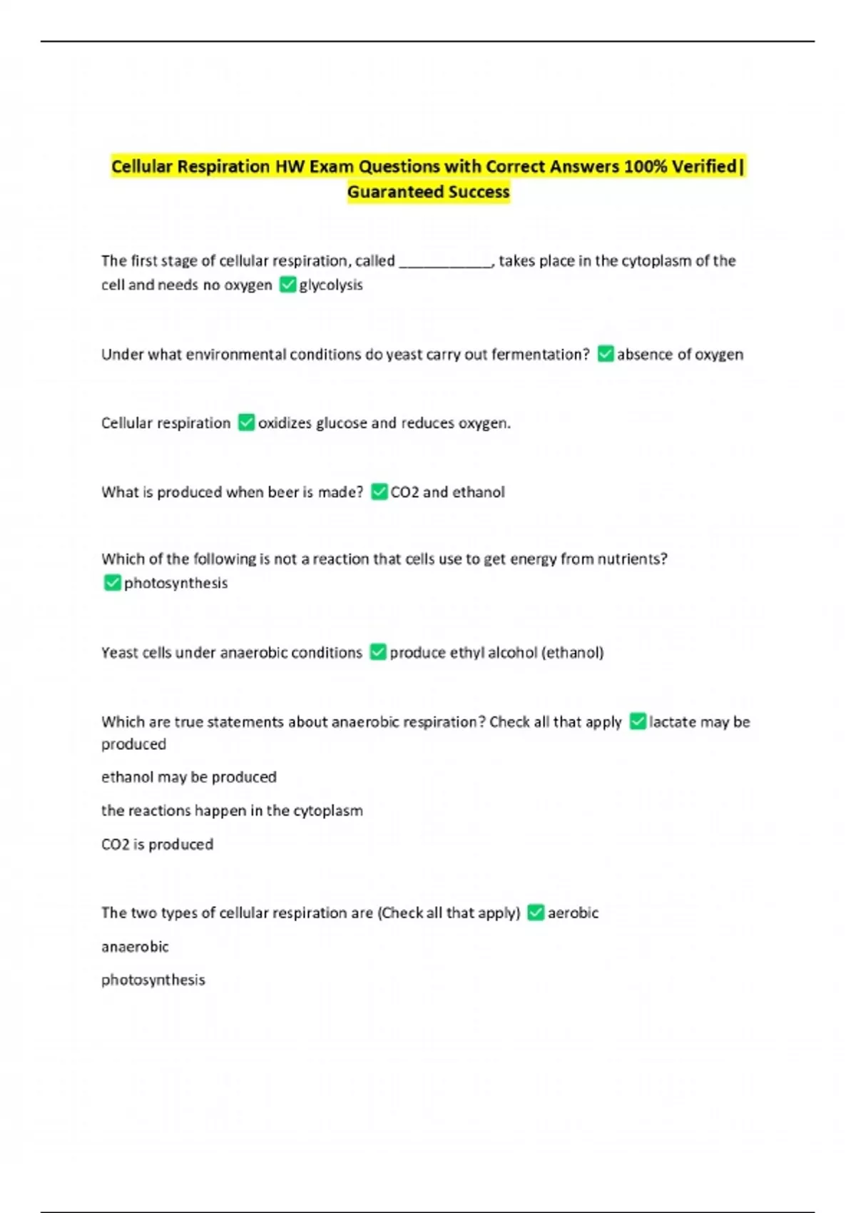 Cellular Respiration HW Exam Questions with Correct Answers 100% ...