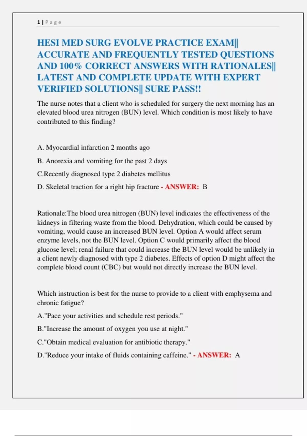 HESI MED SURG EVOLVE PRACTICE EXAM|| ACCURATE AND FREQUENTLY TESTED ...