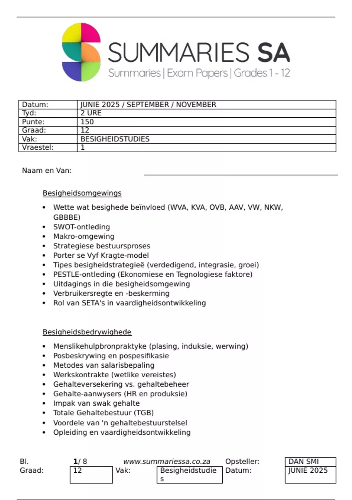 Graad 12 Besigheidstudies (BS) Junie Vraestel 1 en Memo - 2025 ...