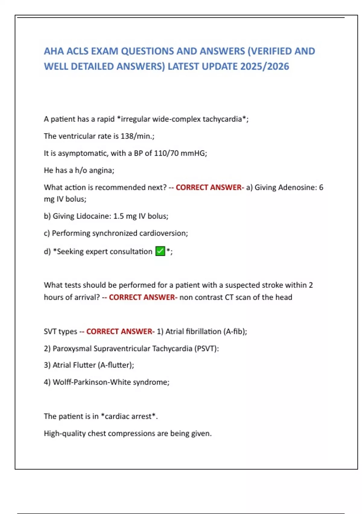 AHA ACLS EXAM QUESTIONS AND ANSWERS (VERIFIED AND WELL DETAILED ANSWERS ...
