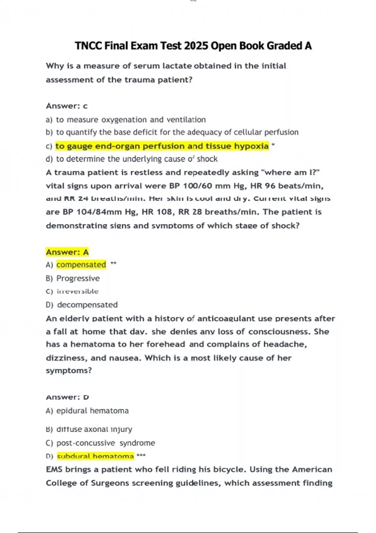 TNCC Final Exam Test 2025 Open Book Graded A - TNCC - Stuvia US